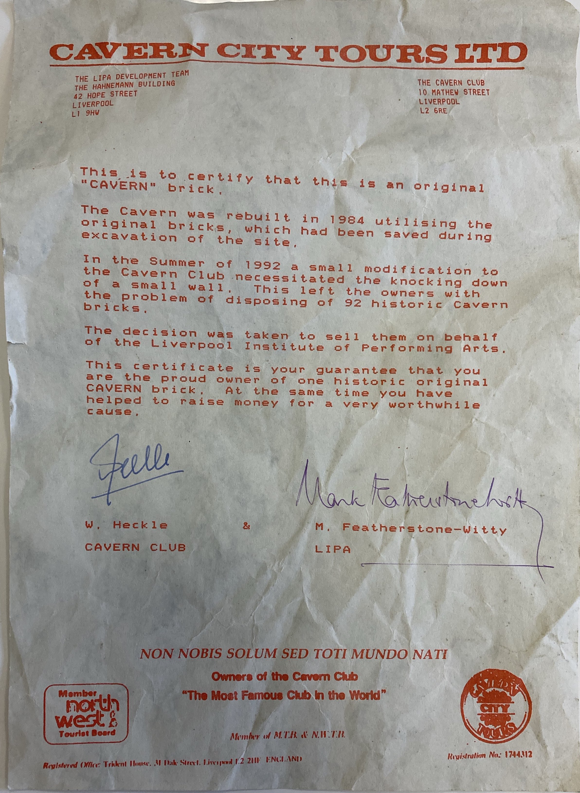 Lot 213 - CAVERN CLUB BRICK.