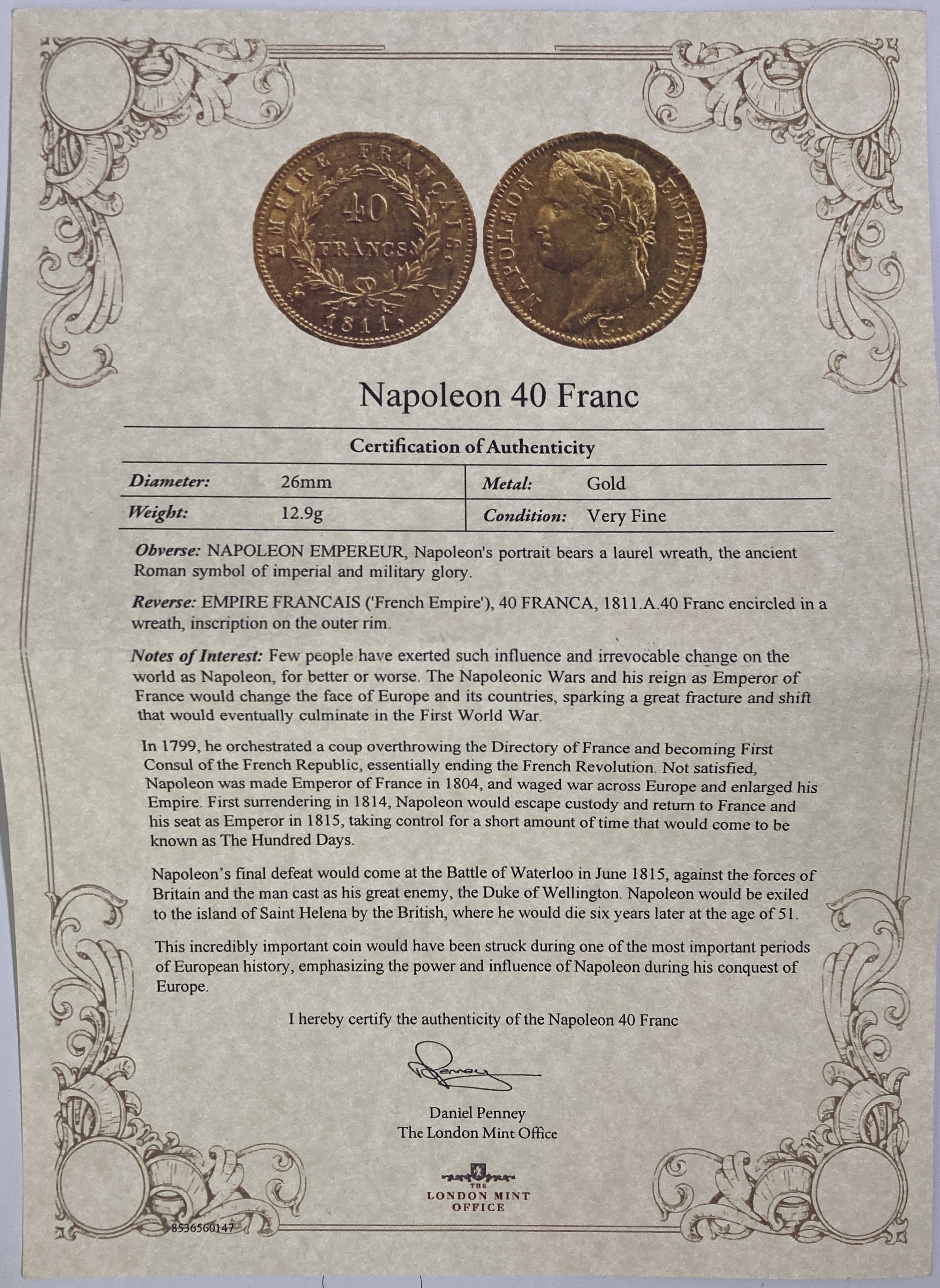 Lot 7 - NAPOLEON 40 FRANC COIN 1811.