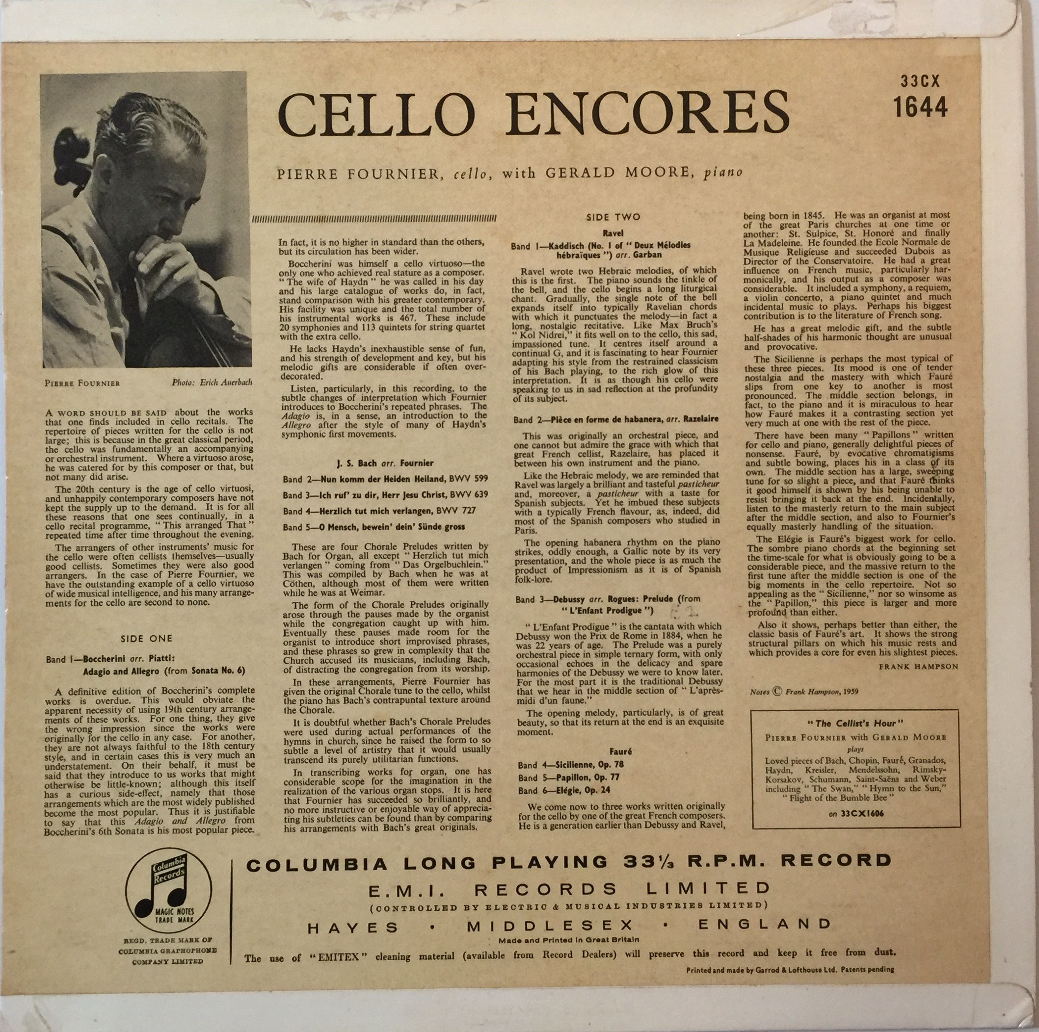 Lot 885 - PIERRE FOURNIER - CELLO ENCORES LP (ORIGINAL