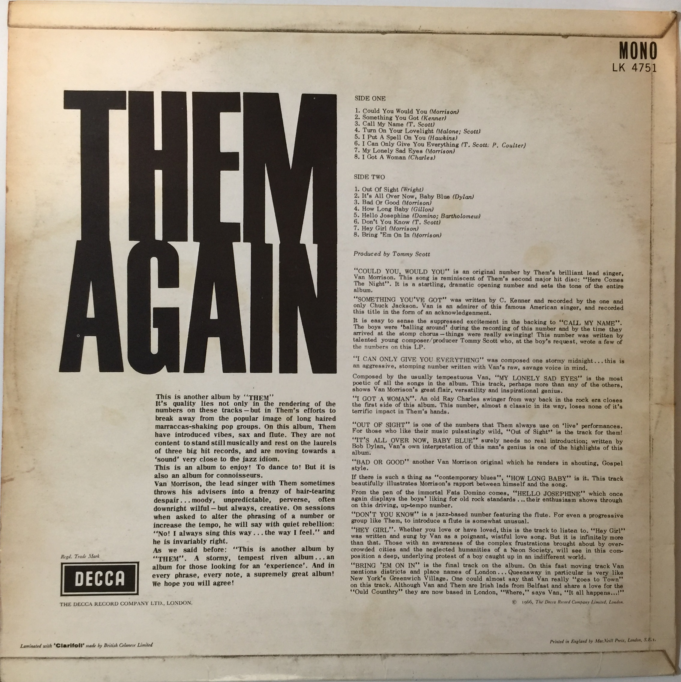 Lot 4 - THEM - THEM AGAIN LP (ORIGINAL UK COPY - DECCA
