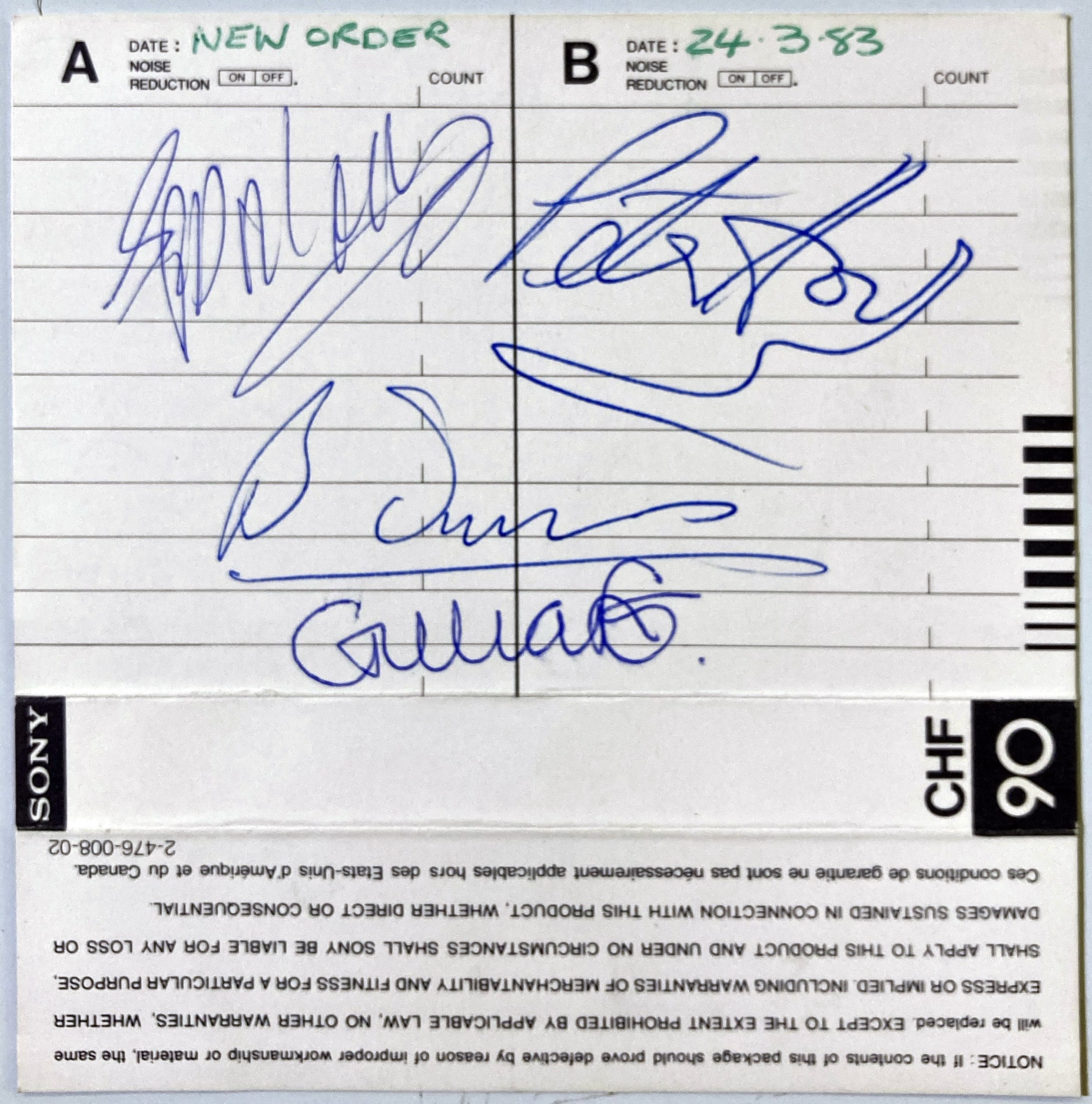 Lot 408 - NEW ORDER SIGNED CASSETTE INLAY CARD.