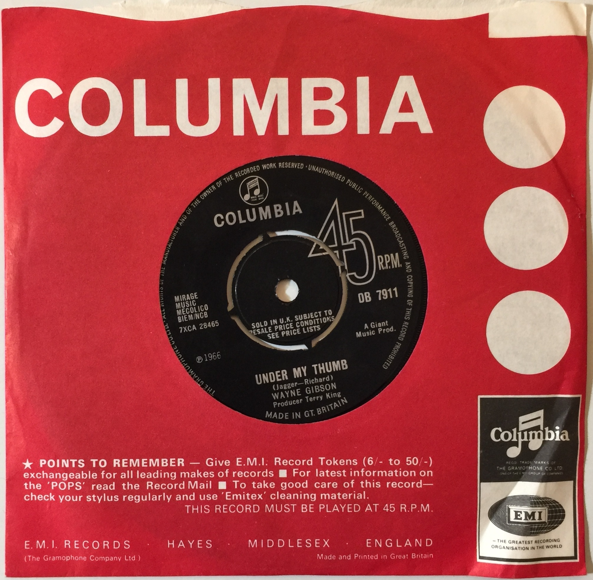 Lot 95 - WAYNE GIBSON - UNDER MY THUMB/ IT ALWAYS