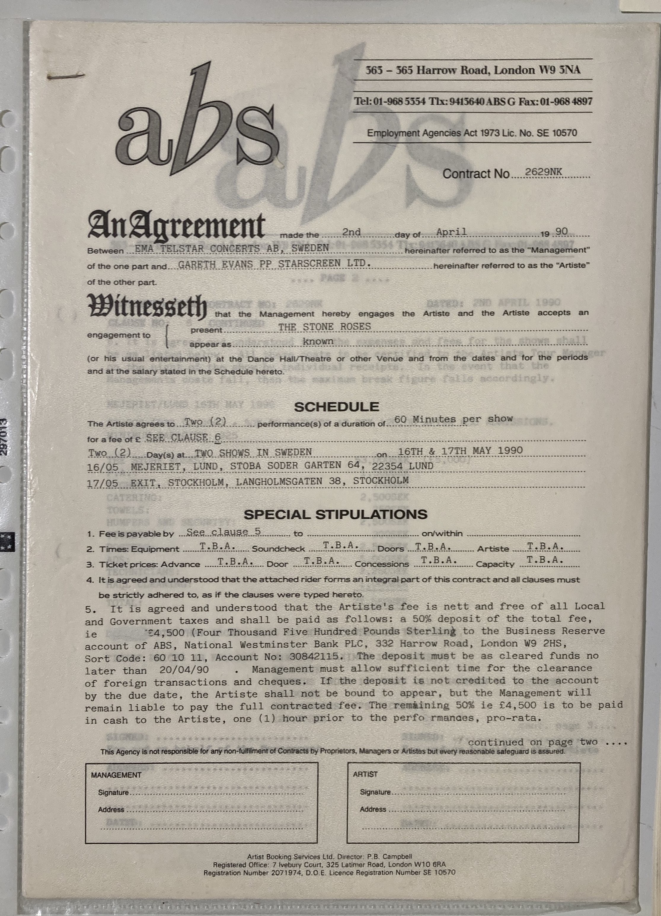 Lot 271 - THE STONE ROSES - TOUR CONTRACTS / PAPERWORK