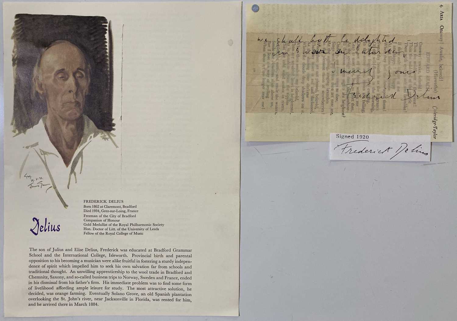 Lot 348 - FREDERICK DELIUS (1862 - 1934) - A SIGNED