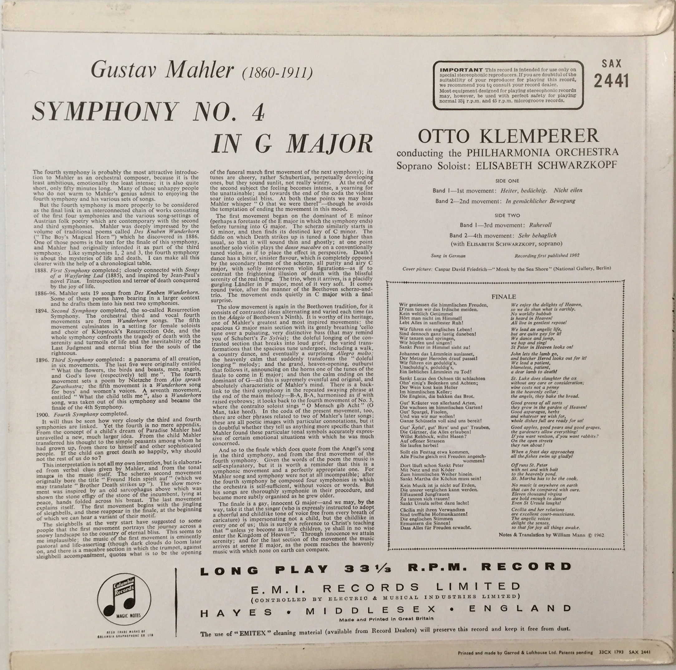 Lot 126 - KLEMPERER/ SCHWARZKOPF - MAHLER: SYMPHONY NO