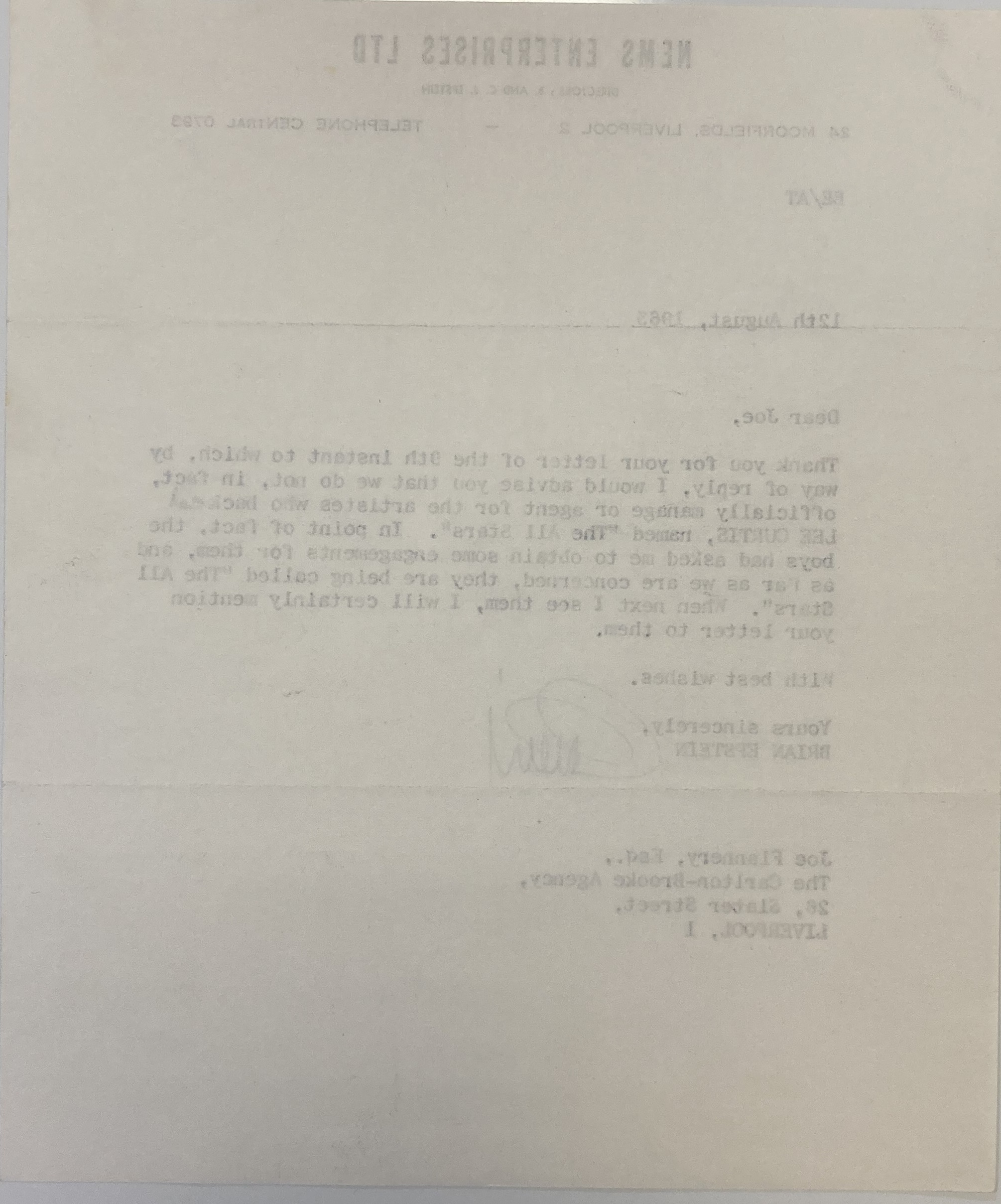 Lot 238 - BRIAN EPSTEIN SIGNED 1962 LETTER ON NEMS
