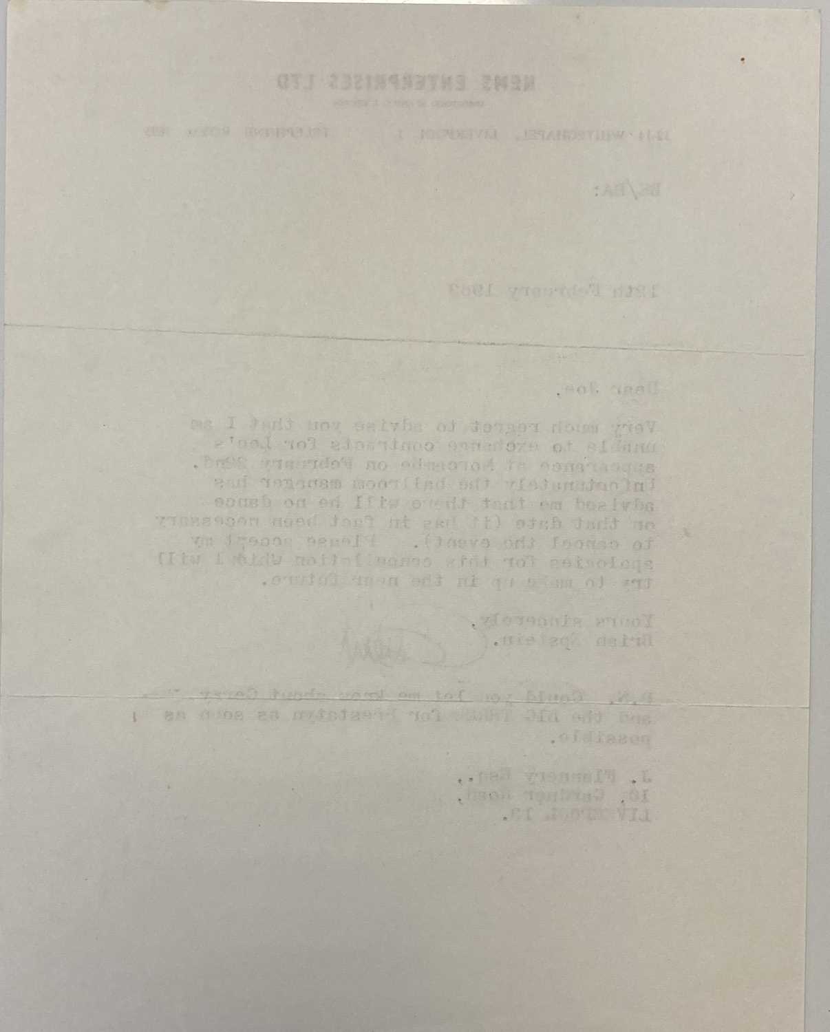 Lot 239 - BRIAN EPSTEIN SIGNED 1963 LETTER ON NEMS
