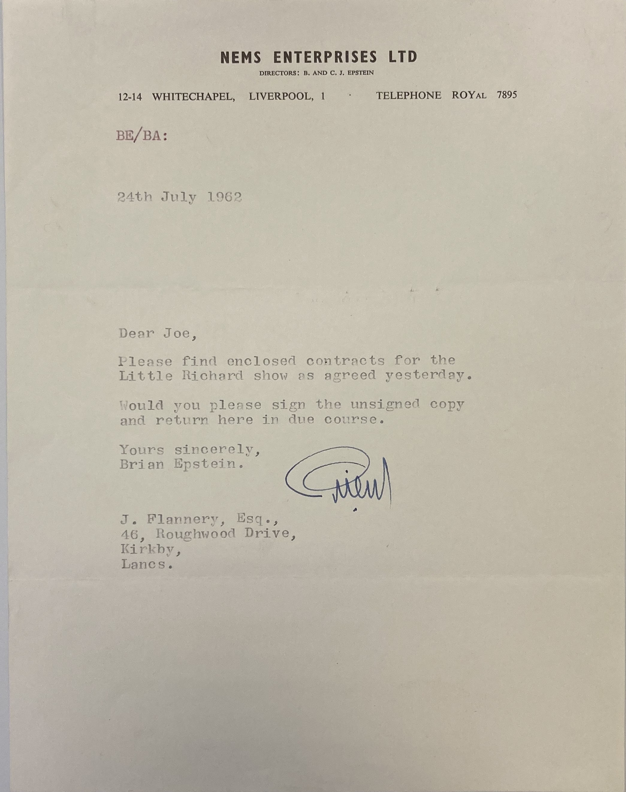 Lot 240 - BRIAN EPSTEIN SIGNED 1962 LETTER ON NEMS