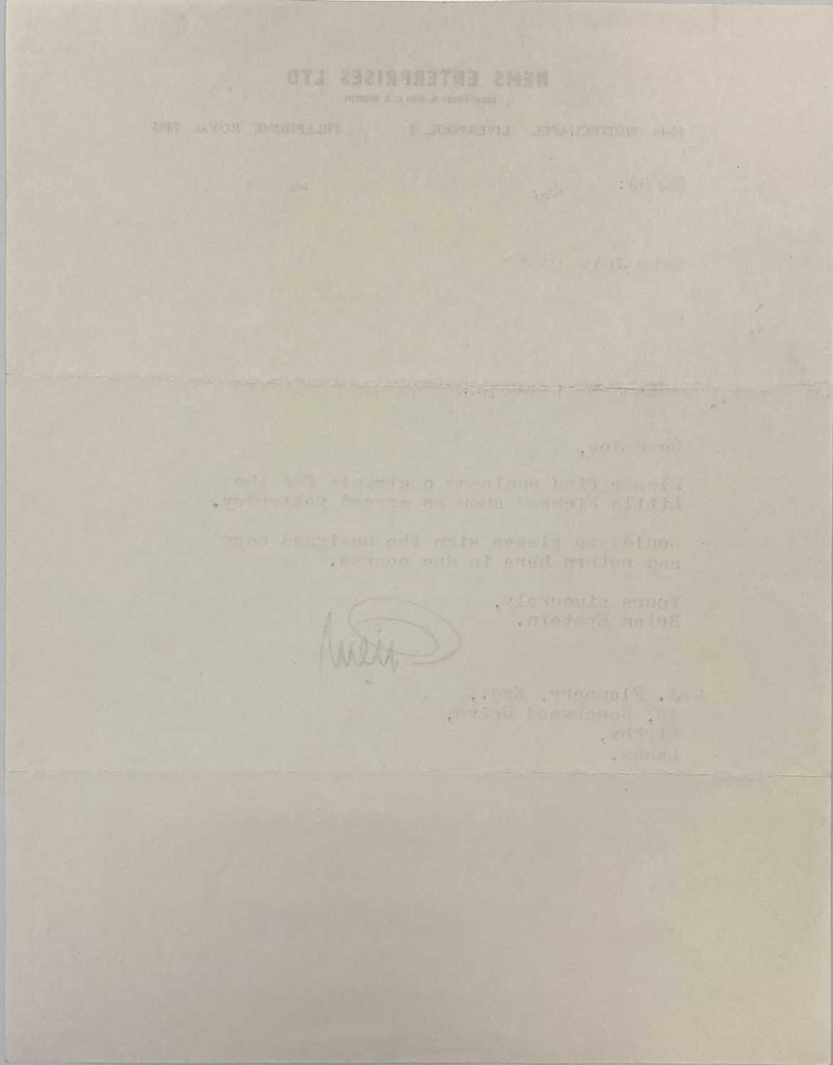 Lot 240 - BRIAN EPSTEIN SIGNED 1962 LETTER ON NEMS