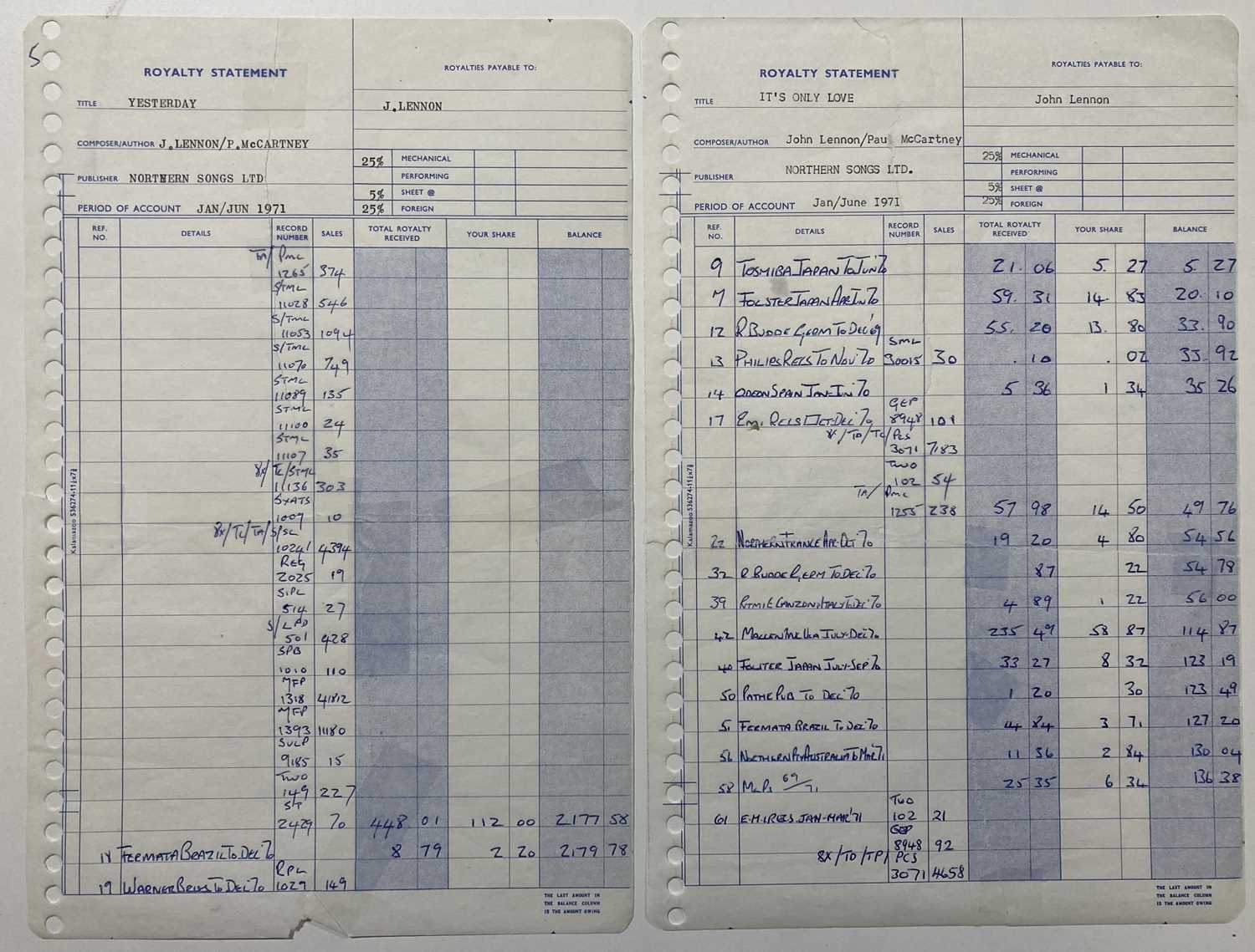 Lot 504 - THE BEATLES - ROYALTY STATEMENTS.