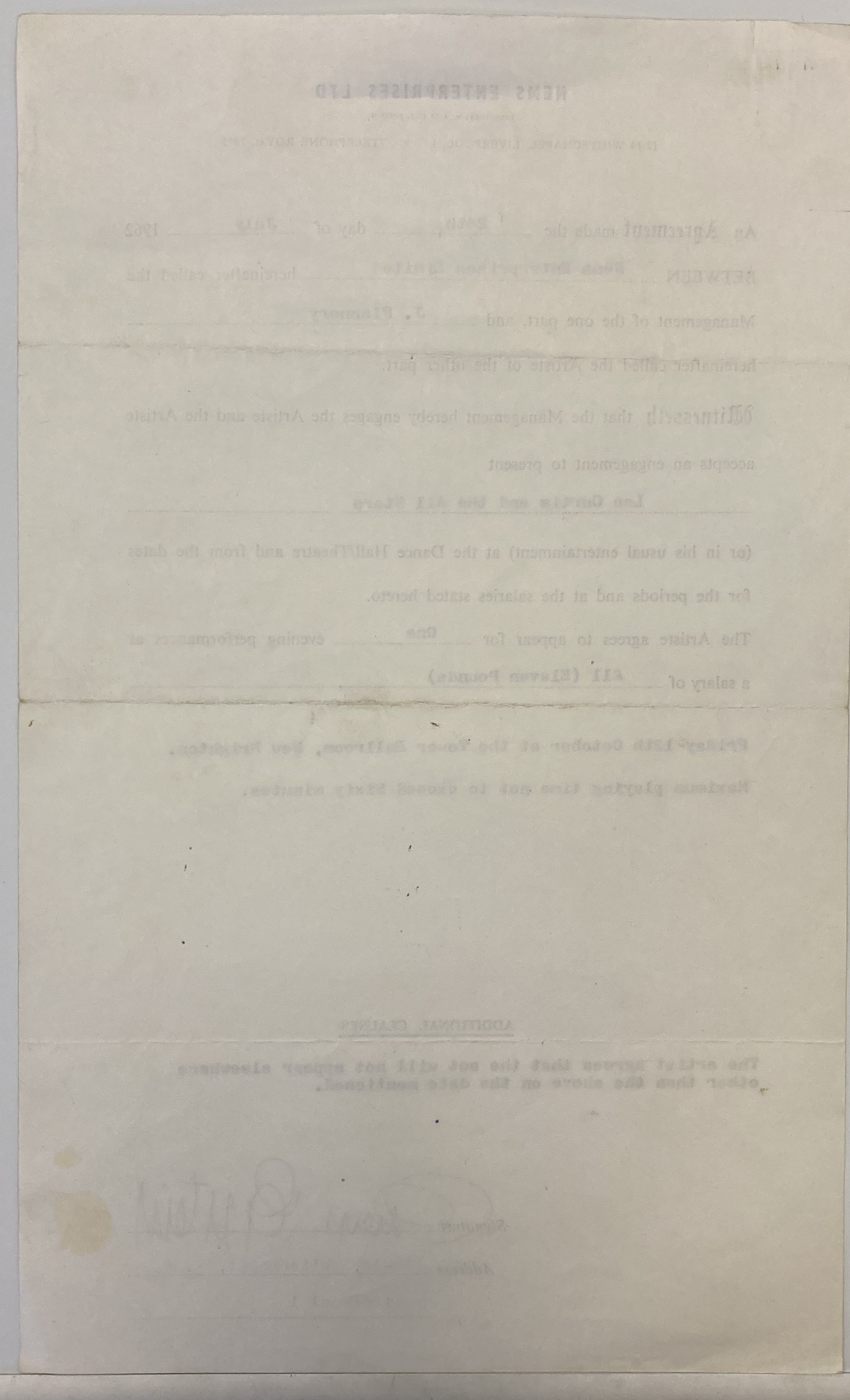 Lot 252 - THE BEATLES - BRIAN EPSTEIN SIGNED 1962