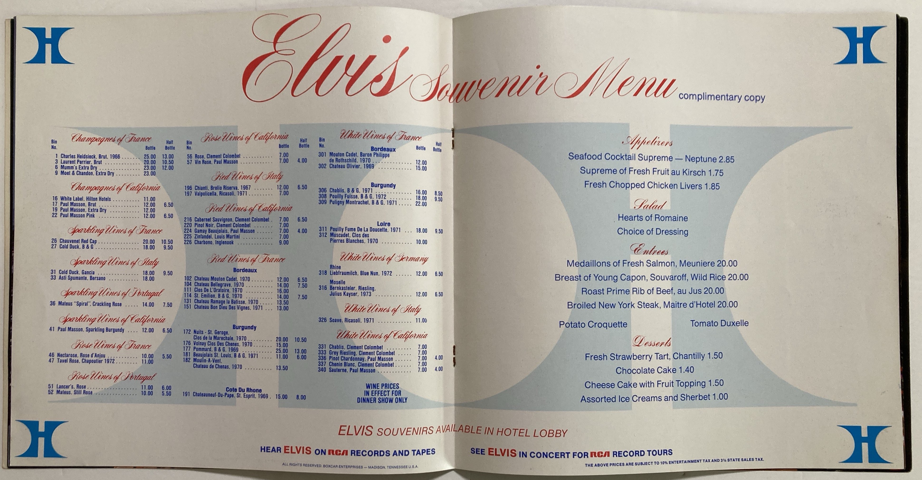 Lot 435 - ELVIS - RARE 1975 HILTON SOUVENIR MENU.