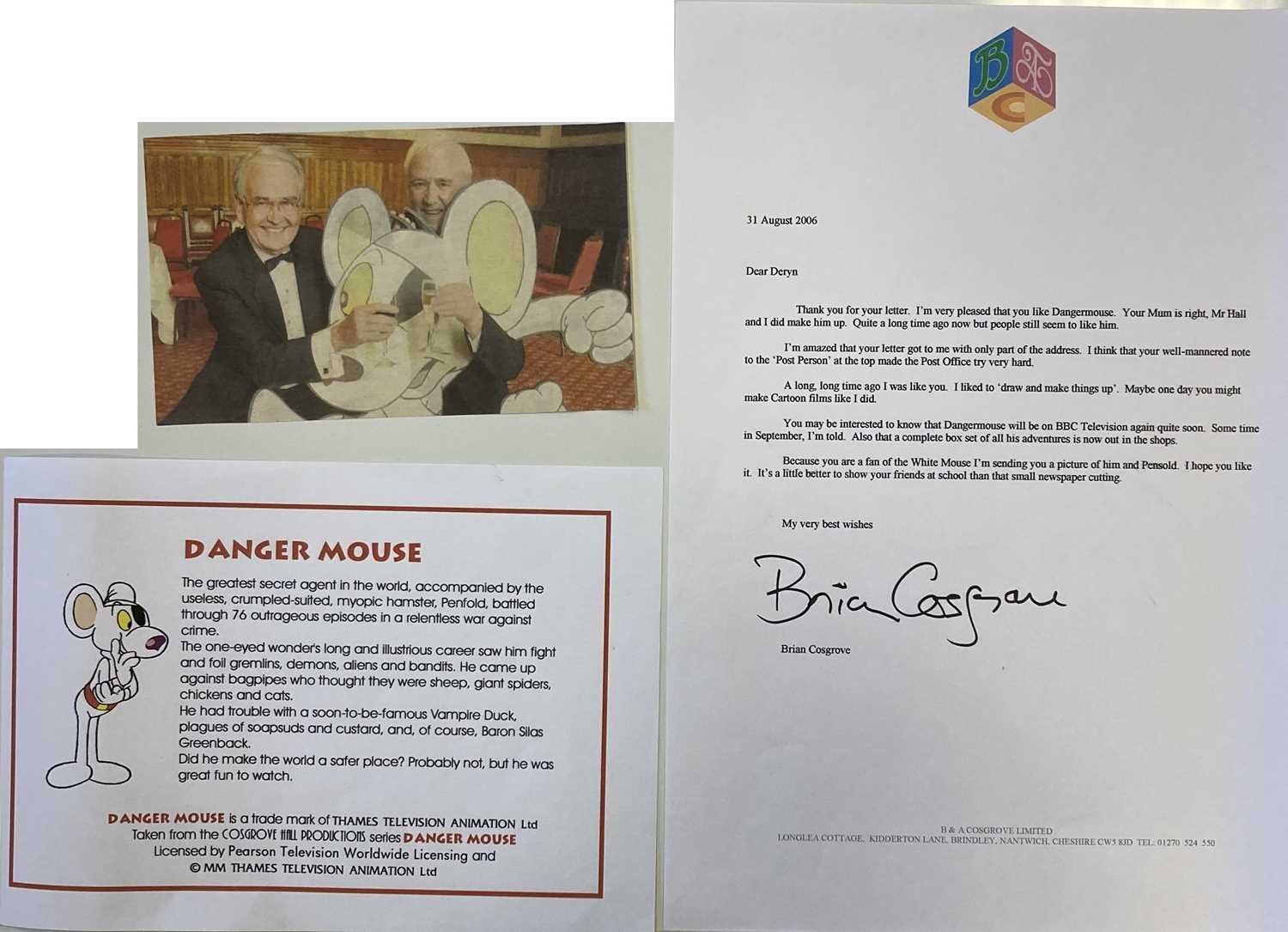 Lot 148 - DANGER MOUSE - BRIAN COSGROVE SIGNED LETTER
