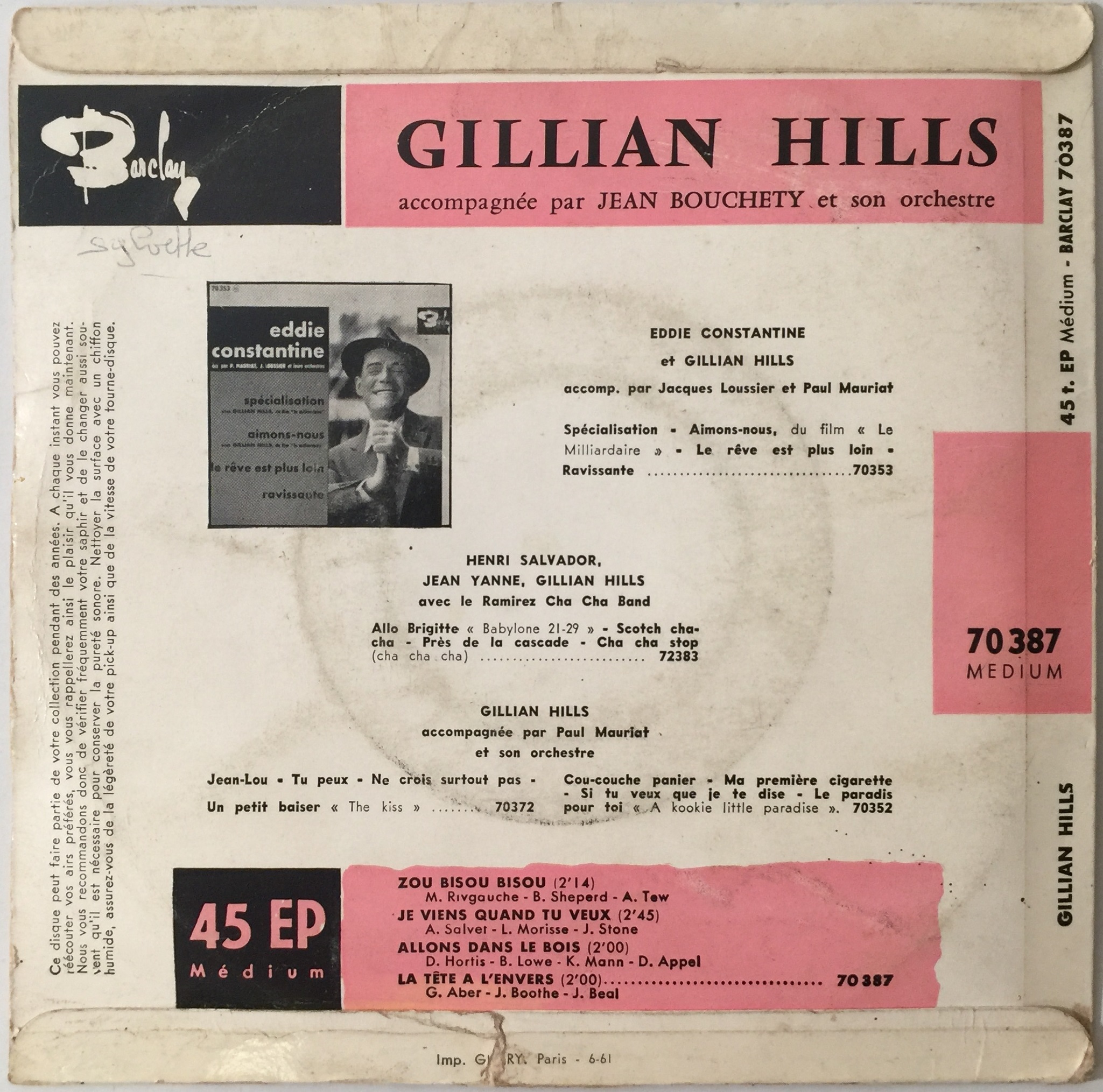 Lot 669 - GILLIAN HILLS - ZOU BISOU BISOU 7" EP (LATIN