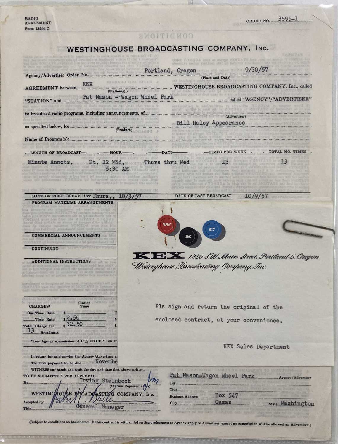 Lot 328 - BILL HALEY - ORIGINAL INVOICES AND CONTRACTS