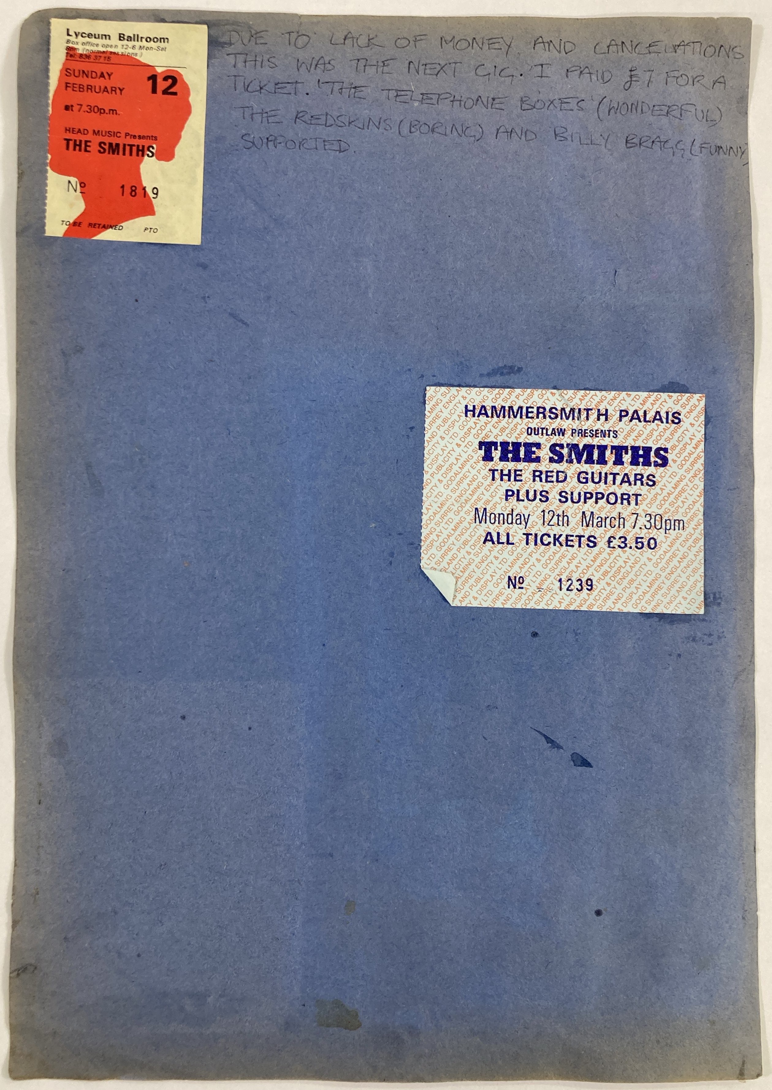 Lot 447 - THE SMITHS - 1984 SET LIST AND TICKETS.