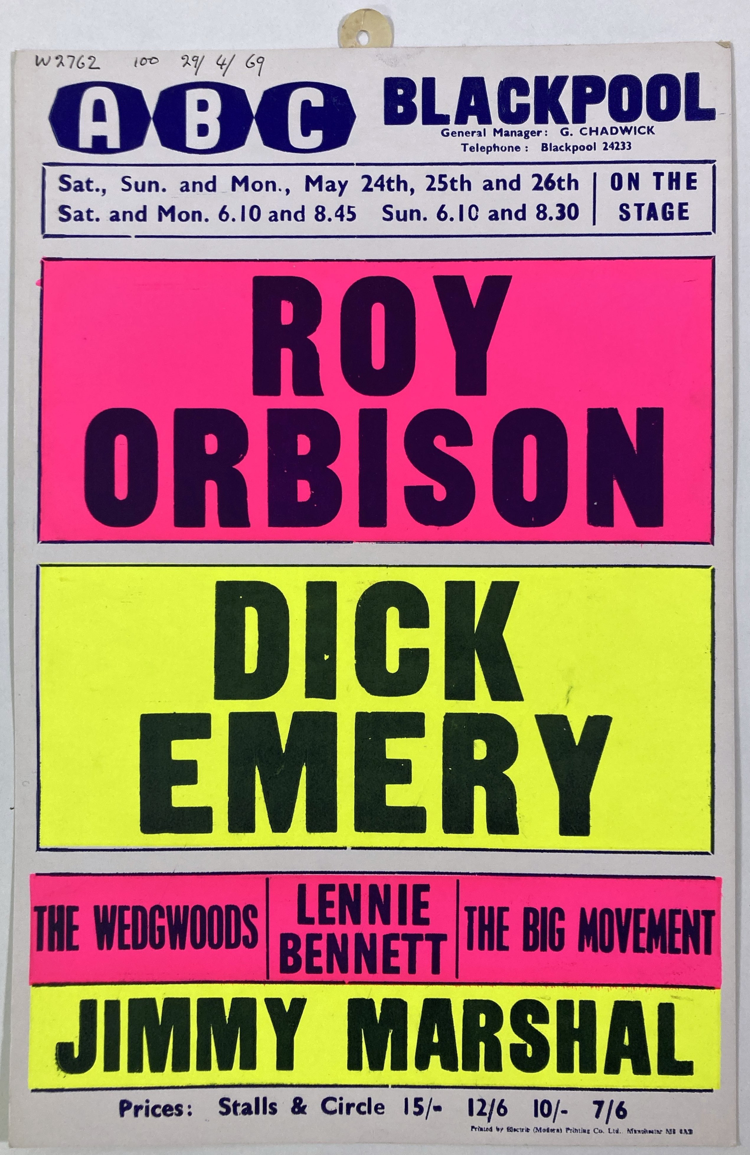 Lot 211 - ROY ORBISON - ORIGINAL 1969 CONCERT POSTER.