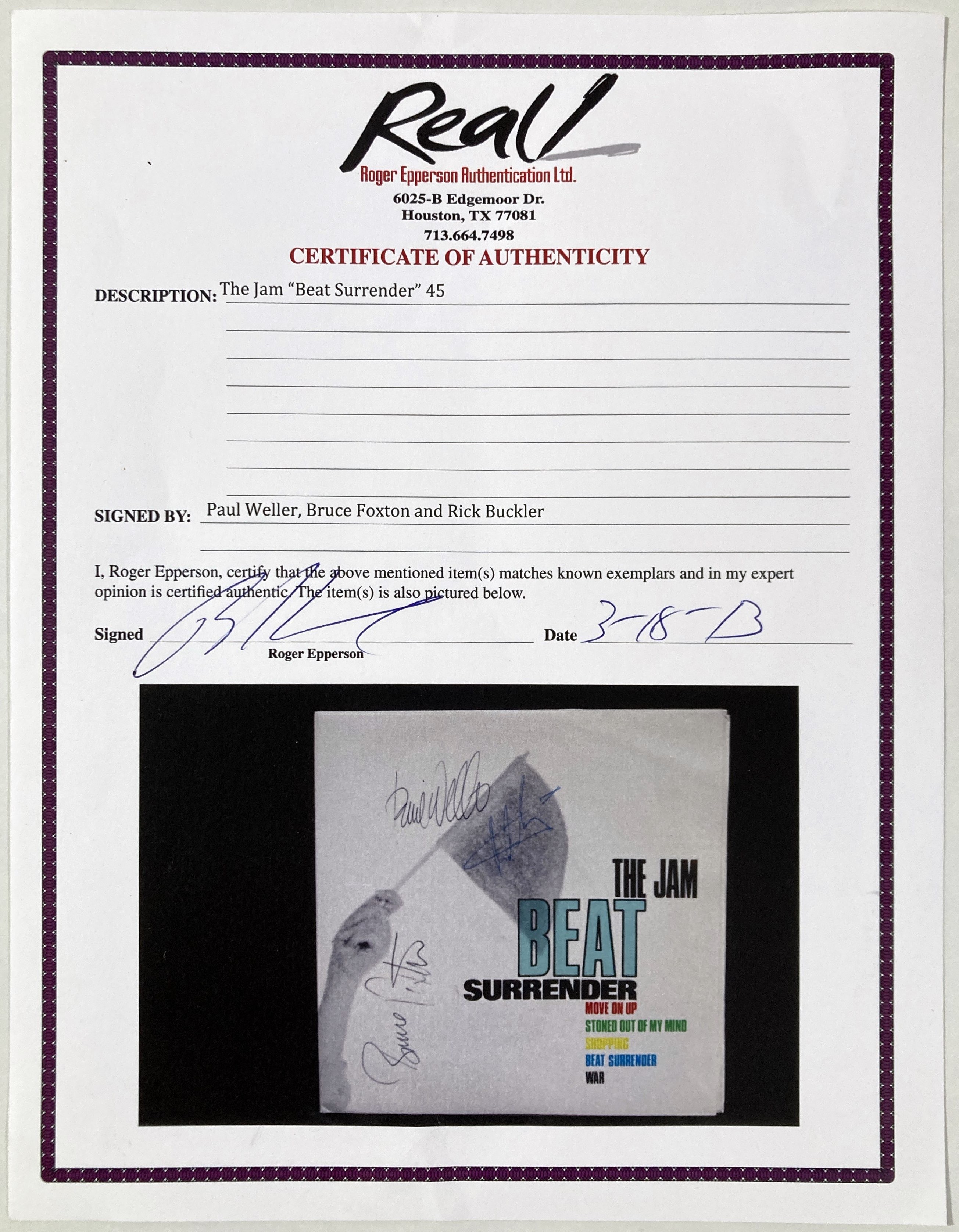Lot 457 - THE JAM - A FULLY SIGNED 7".