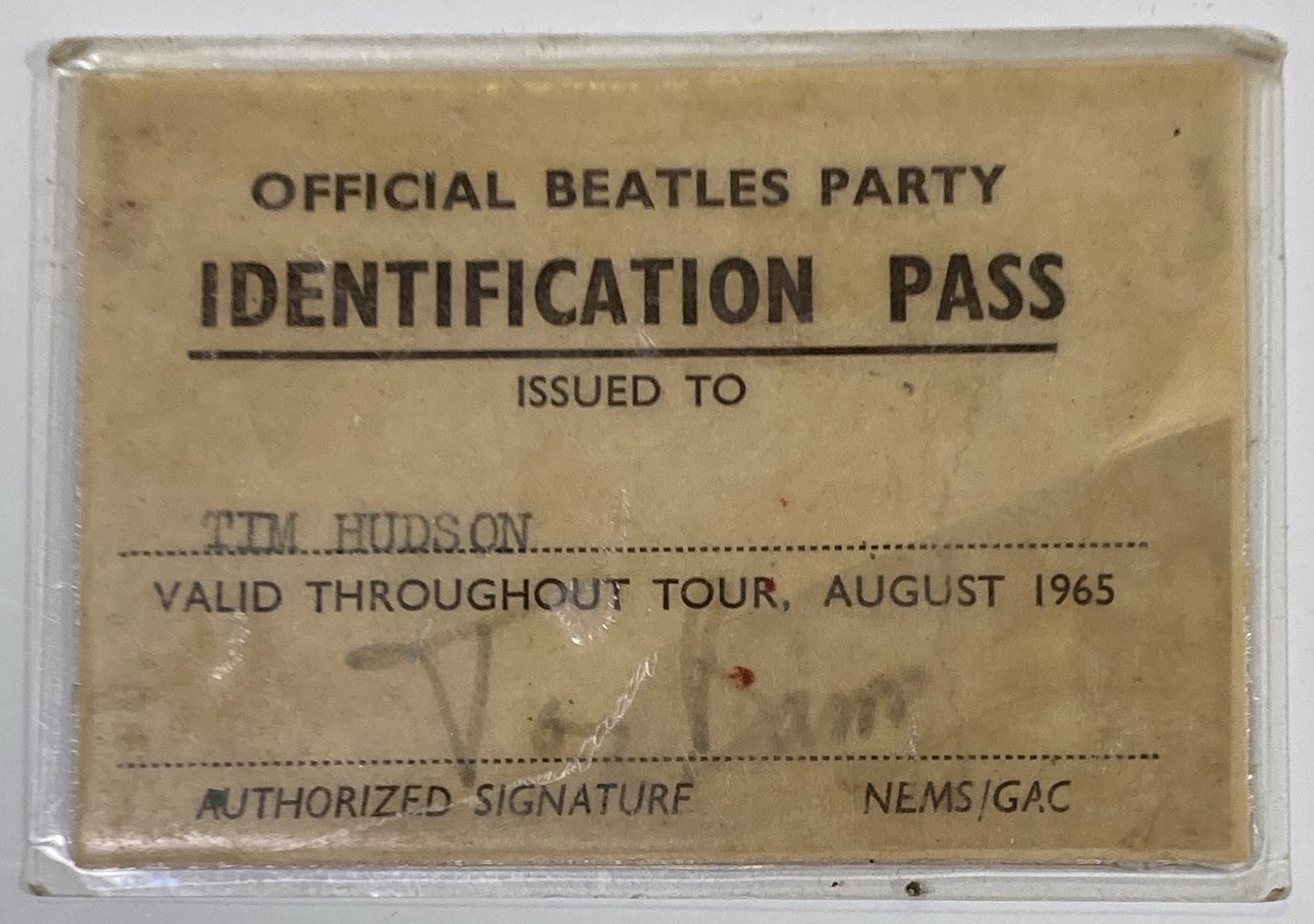 Lot 243 - THE BEATLES - ORIGINAL PRESS PASS FOR 1965