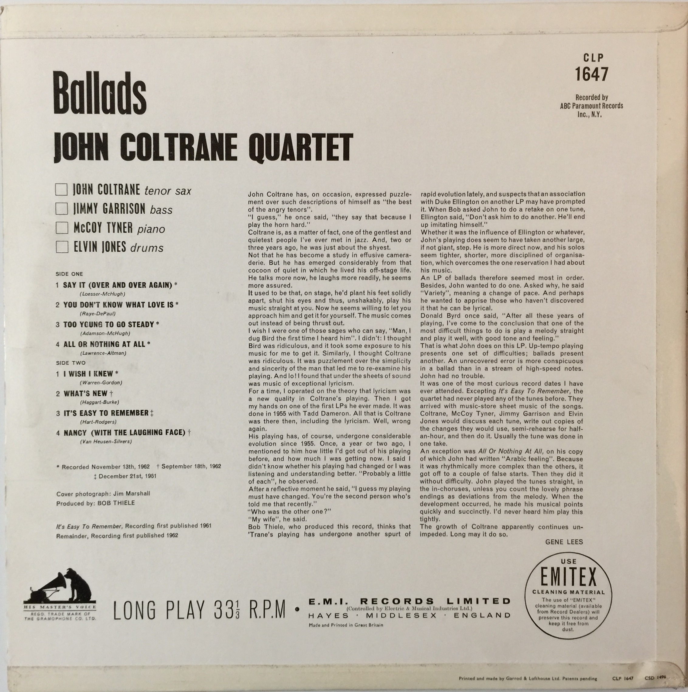 Lot 144 - JOHN COLTRANE QUARTET - BALLADS LP (ORIGINAL