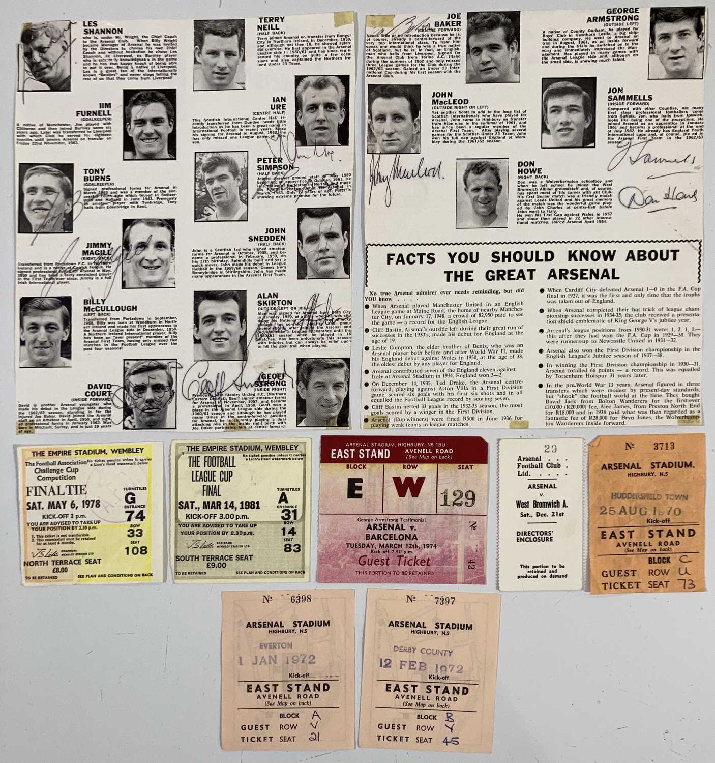 Lot 194 - ARSENAL FC - SIGNED TEAM SHEET AND TICKETS.