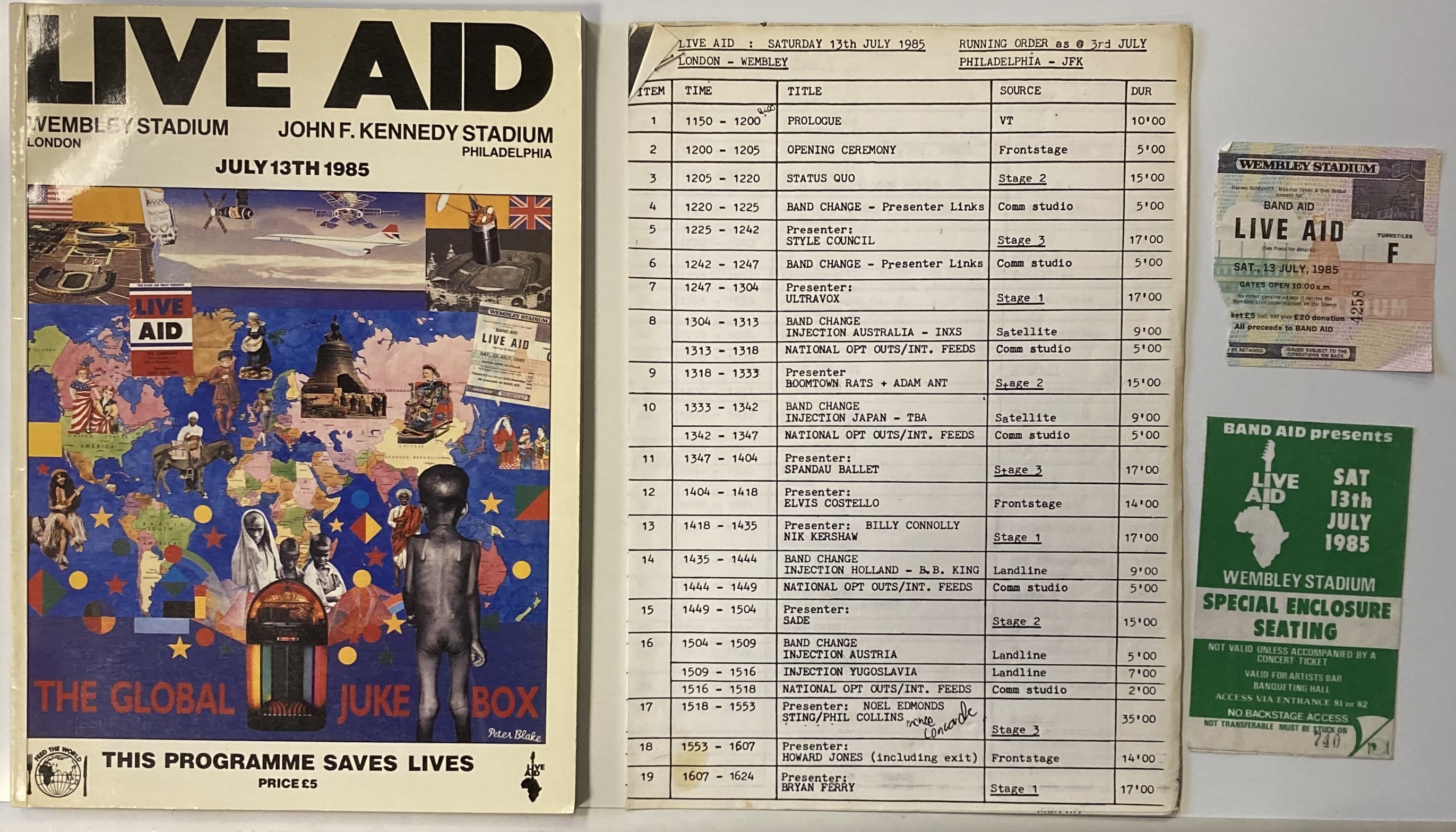 Lot 374 - LIVE AID PROGRAMME, PASSES, RUNNING ORDER
