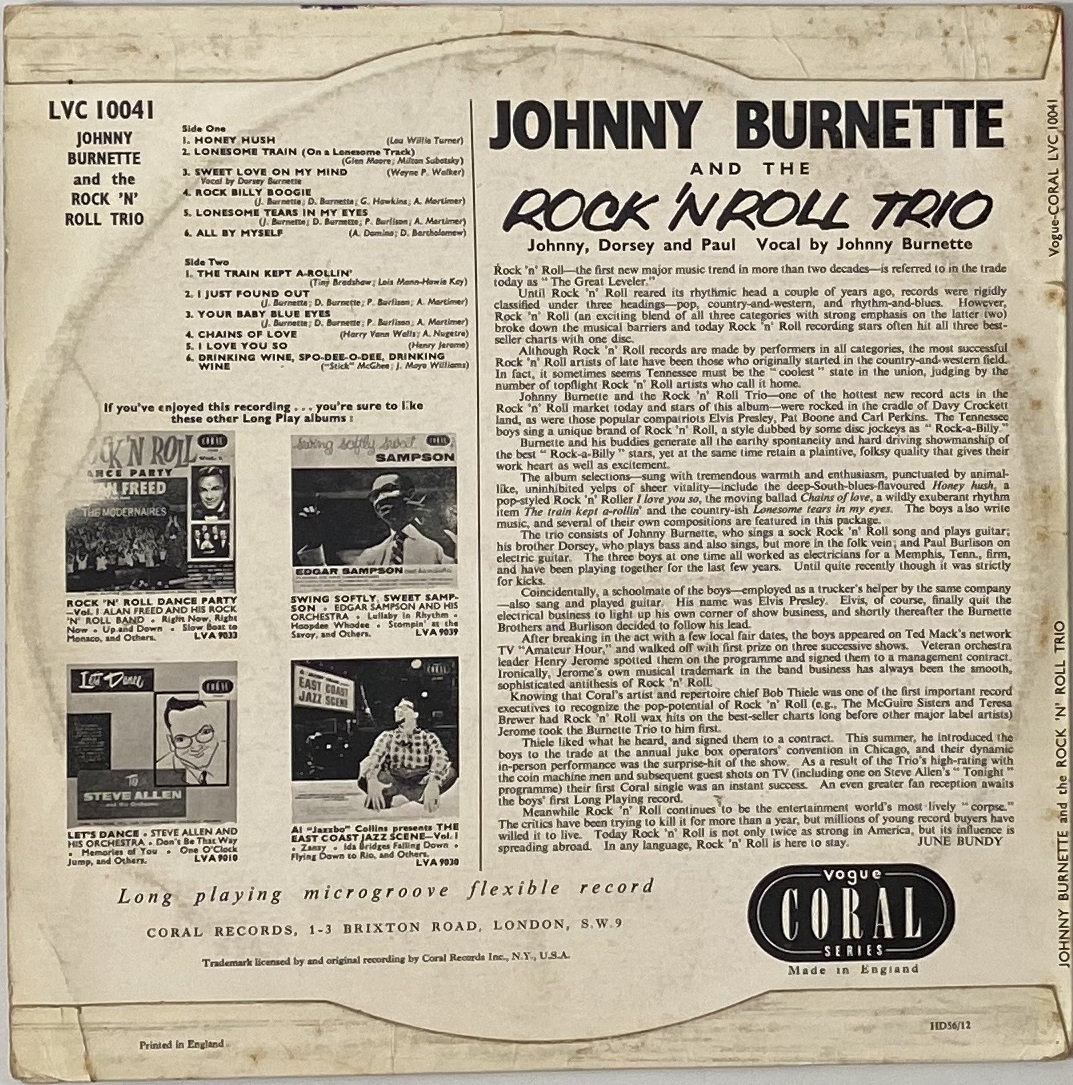 Lot 837 - JOHNNY BURNETTE AND THE ROCK 'N' ROLL TRIO