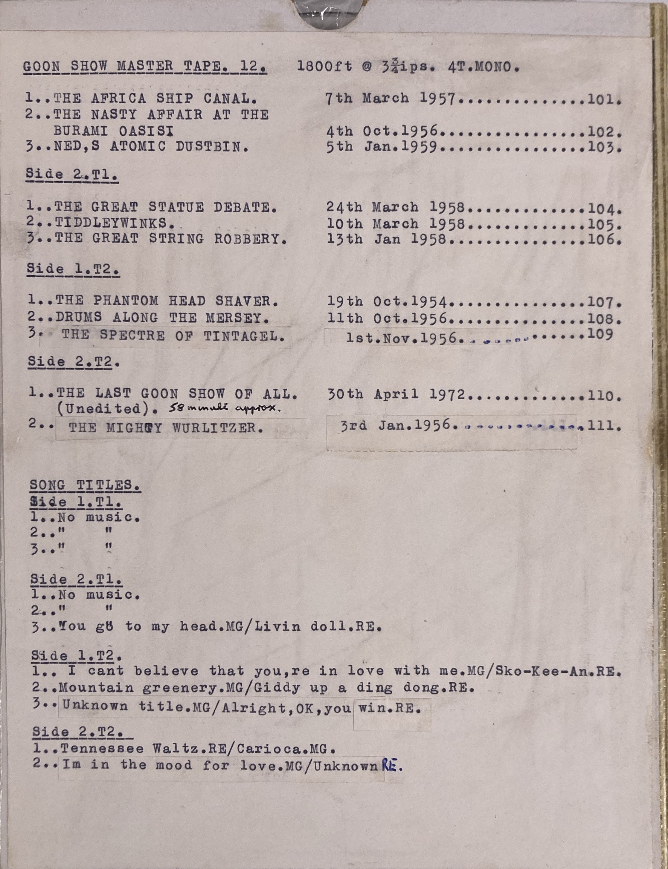 Lot 111 - THE GOON SHOW - TWELVE 'MASTER' TAPE REELS.
