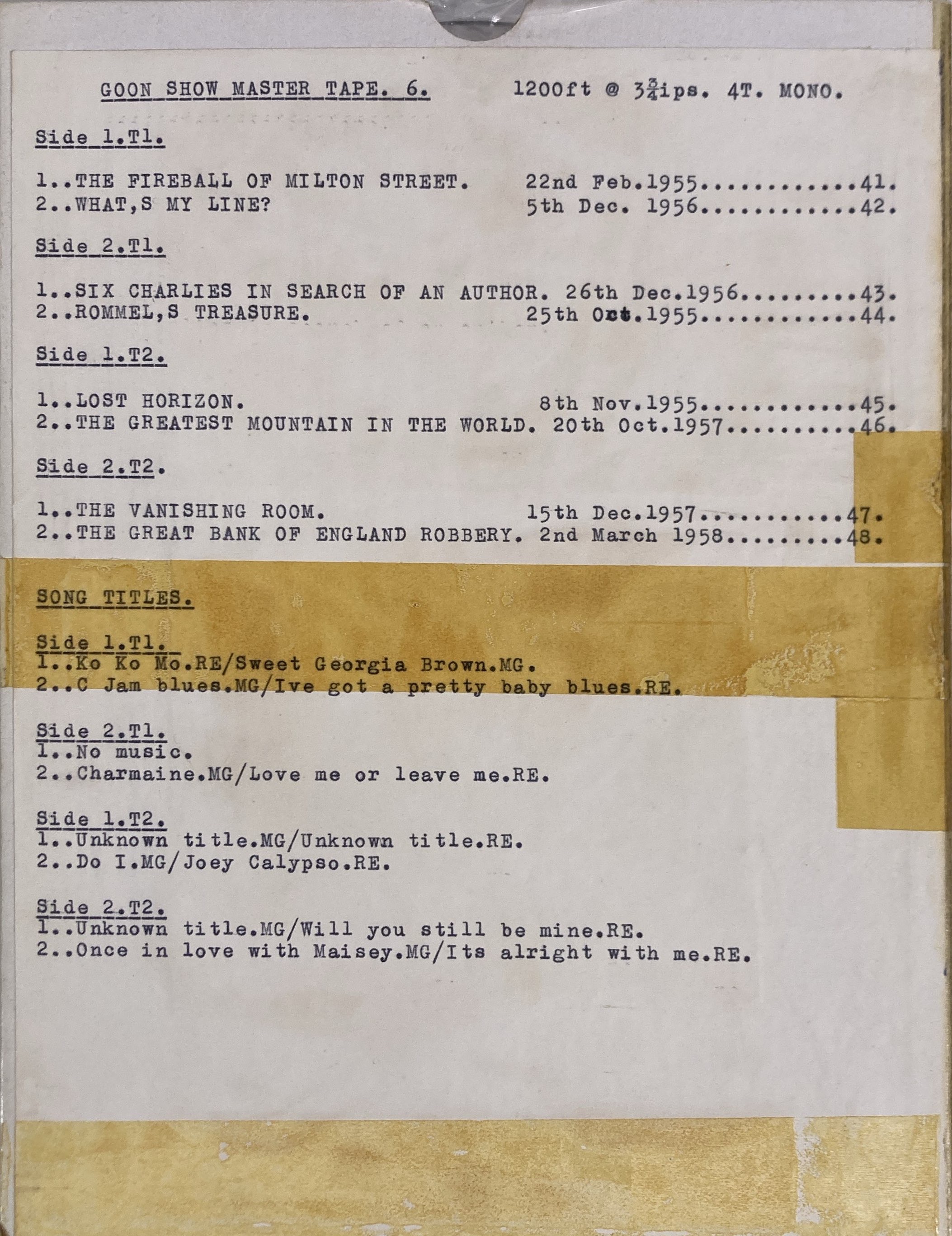 Lot 111 - THE GOON SHOW - TWELVE 'MASTER' TAPE REELS.