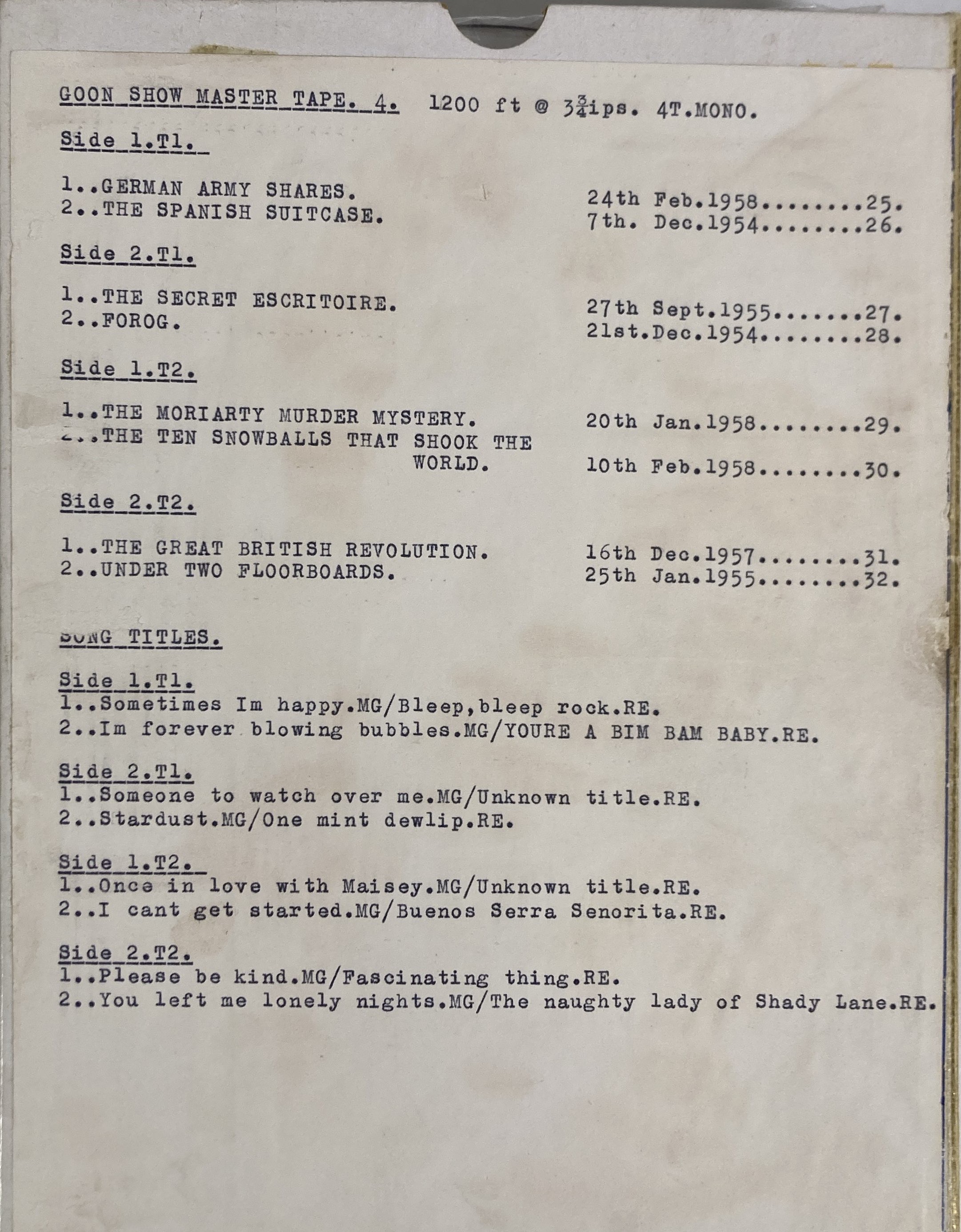 Lot 111 - THE GOON SHOW - TWELVE 'MASTER' TAPE REELS.