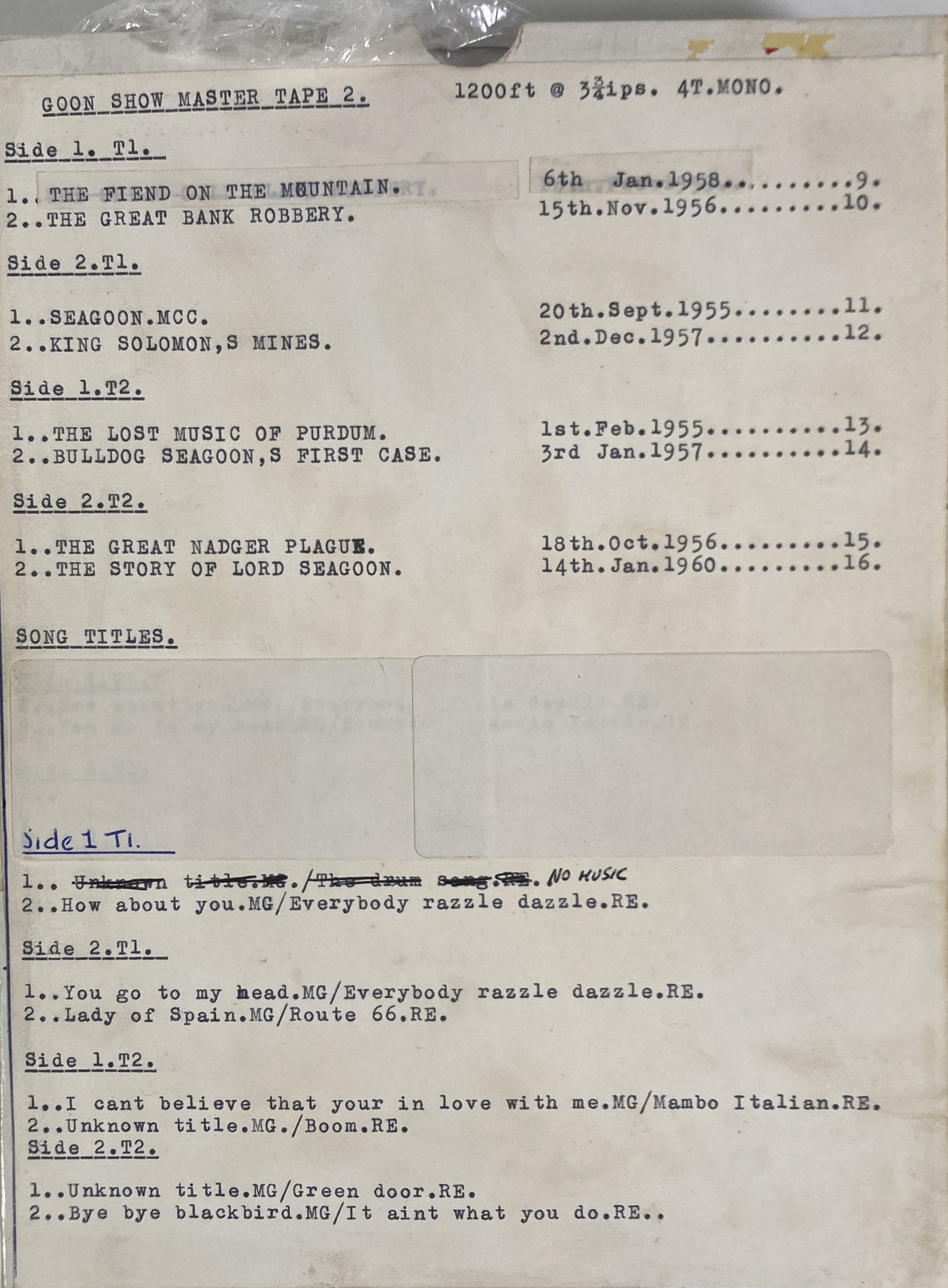 Lot 111 - THE GOON SHOW - TWELVE 'MASTER' TAPE REELS.