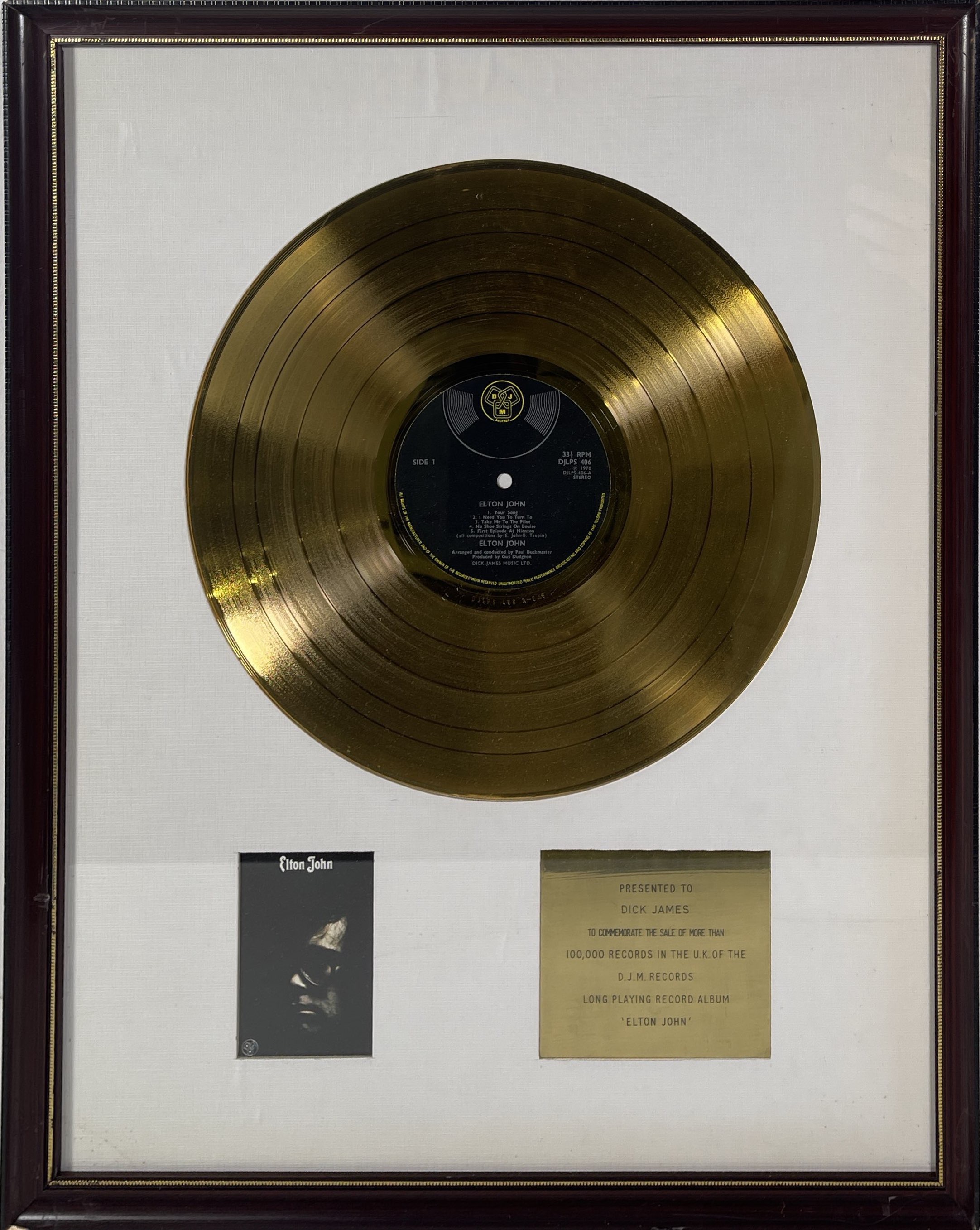 Lot 324 - ELTON JOHN - GOLD DISC AWARD FOR 'ELTON JOHN'