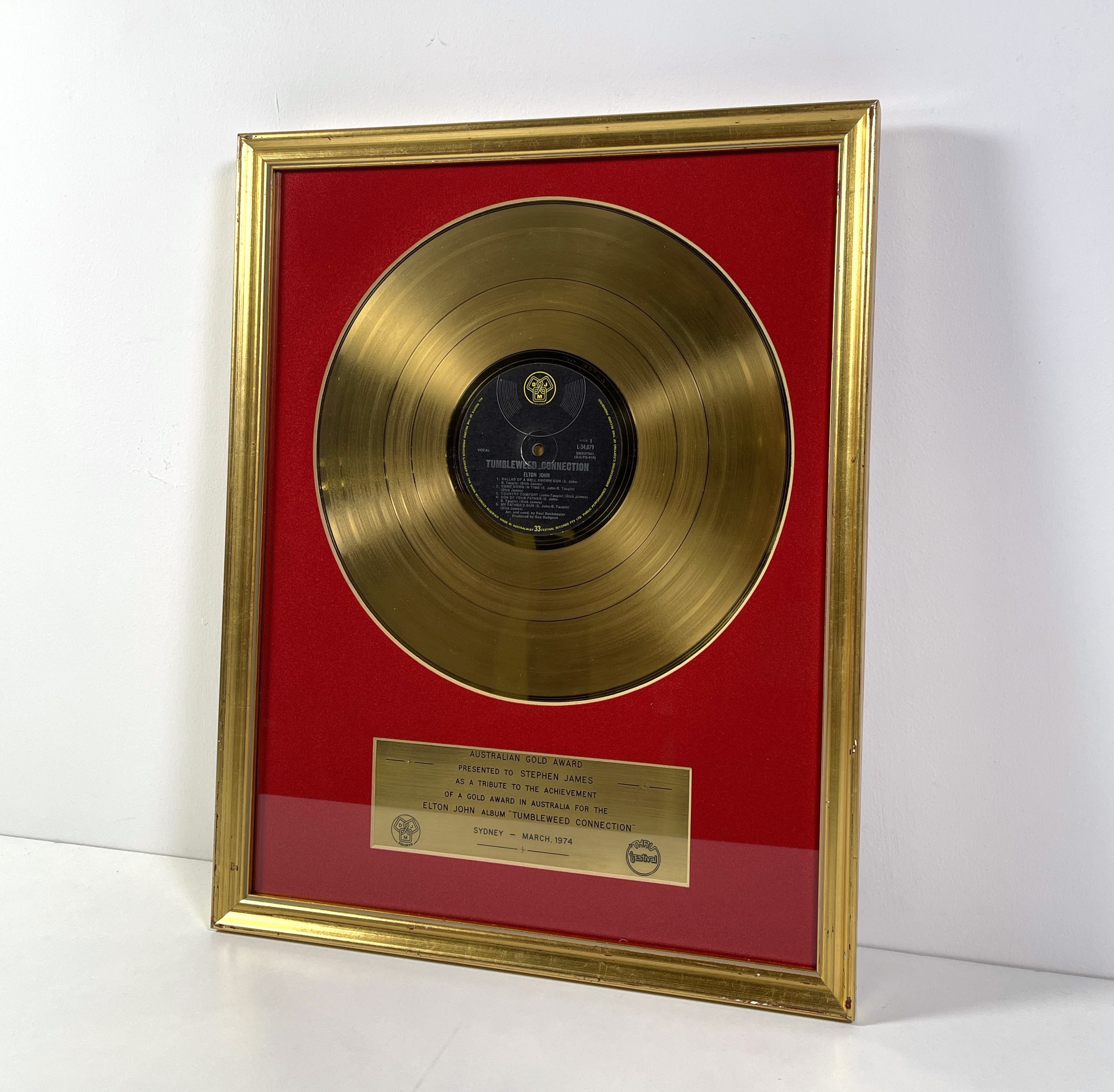 Lot 358 - ELTON JOHN - AUSTRALIAN GOLD DISC AWARD FOR