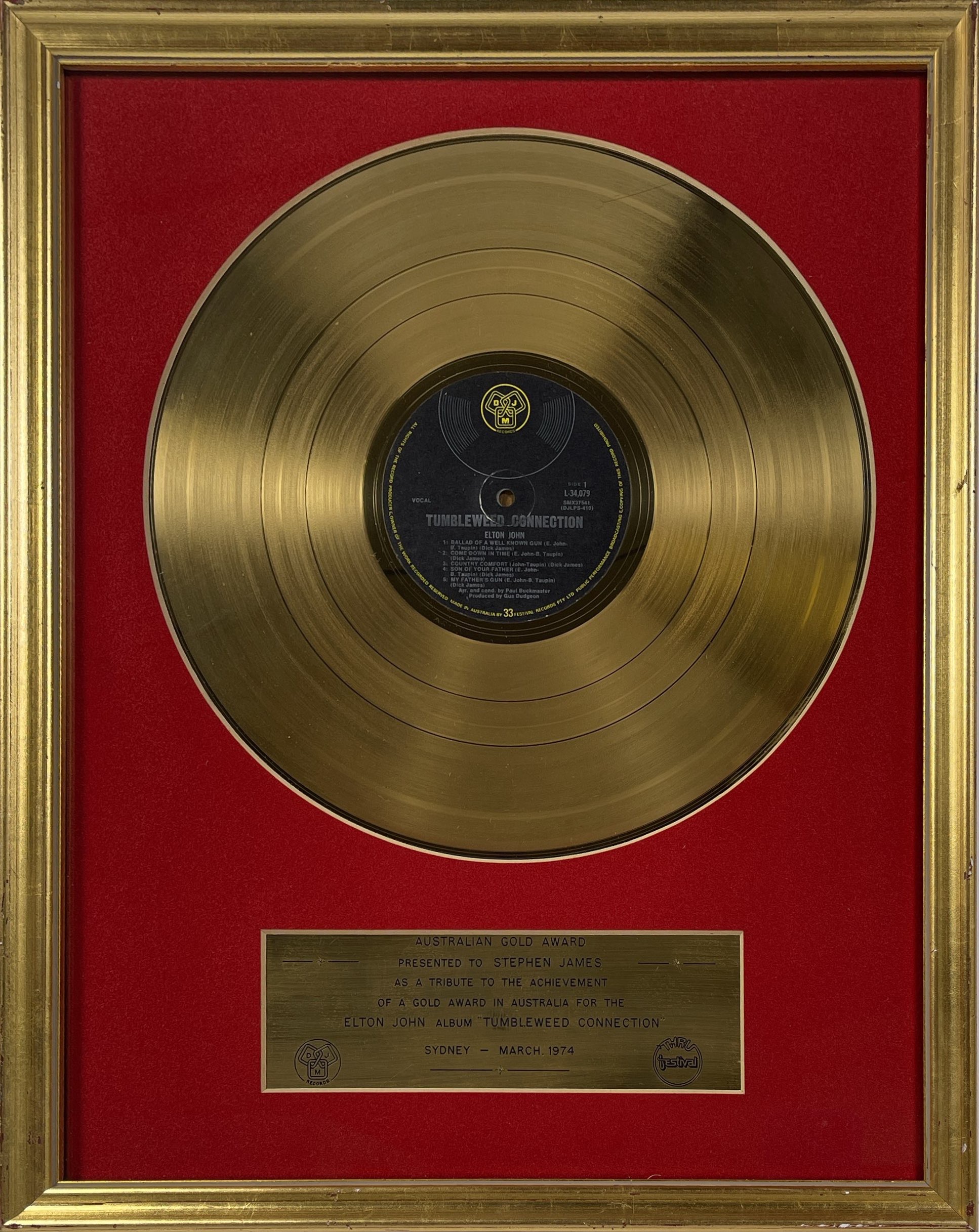 Lot 358 - ELTON JOHN - AUSTRALIAN GOLD DISC AWARD FOR