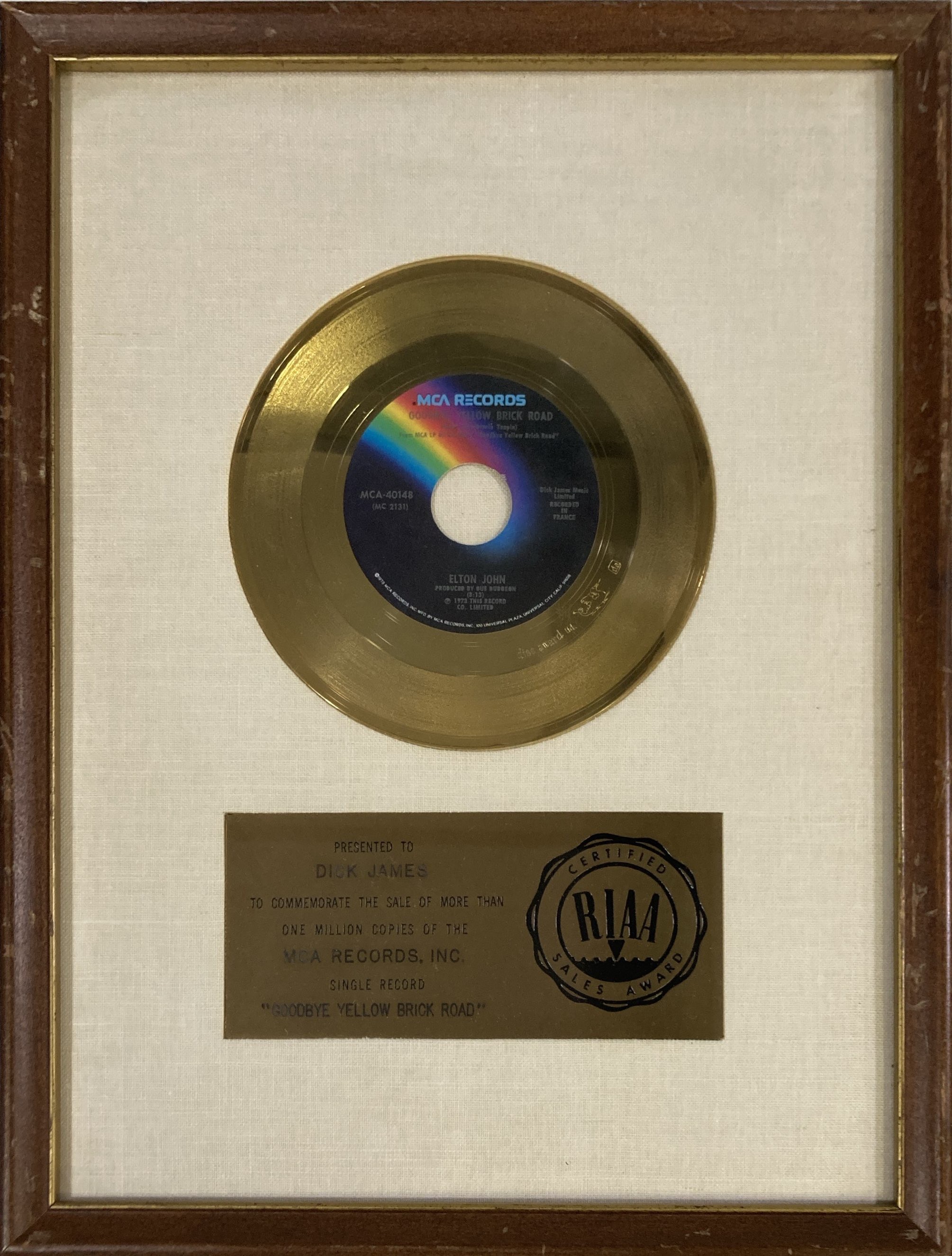 Lot 348 - ELTON JOHN - RIAA GOLD DISC AWARD - 'GOODYE