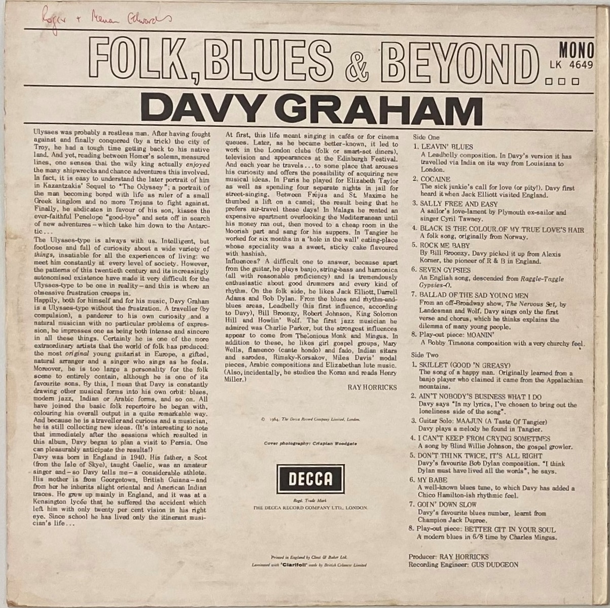 Lot 837 - DAVY GRAHAM - FOLK, BLUES & BEYOND LP (UK
