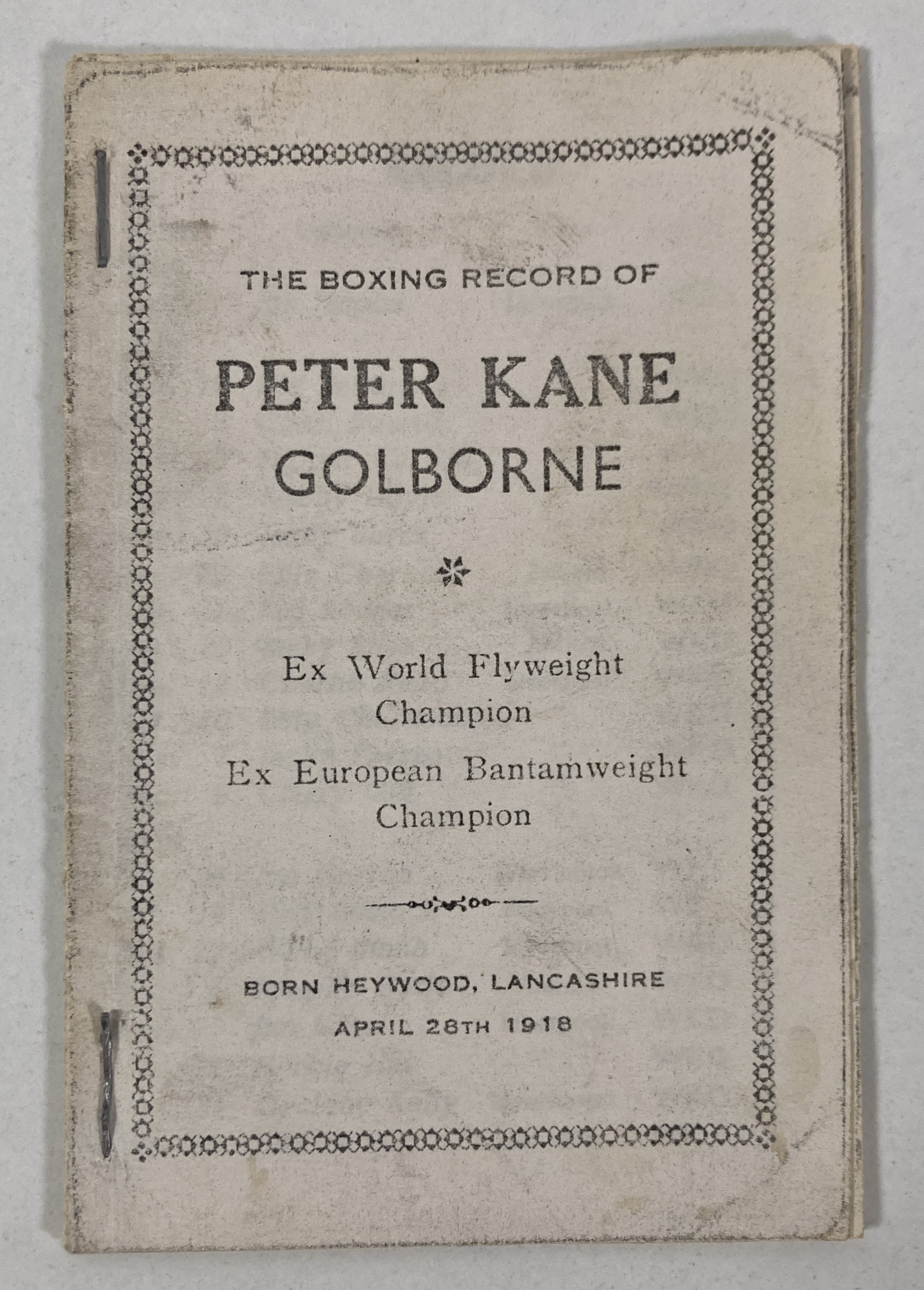Lot 49 - BOXING HISTORY - A RECORD CARD FOR PETER KANE,