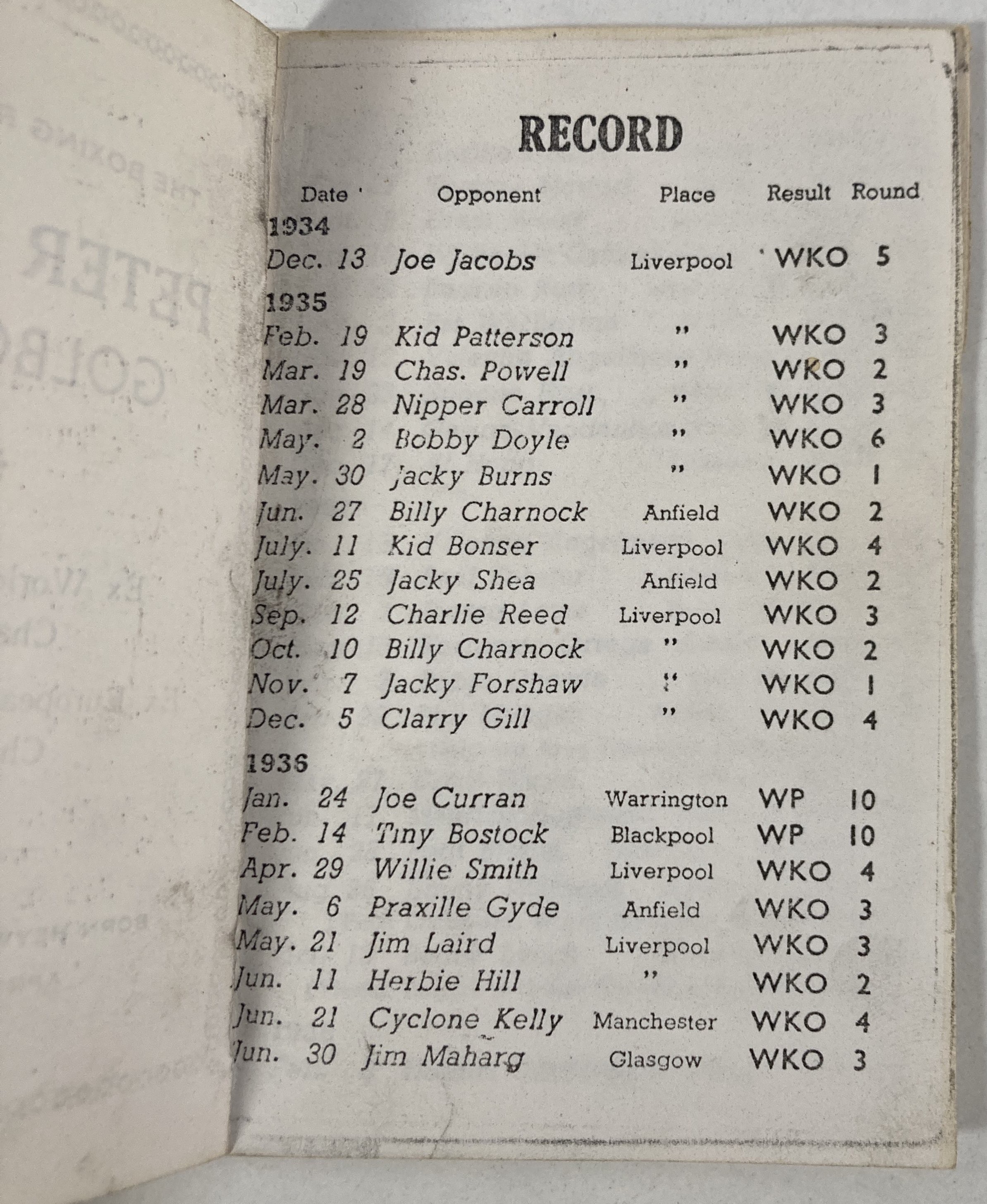 Lot 49 - BOXING HISTORY - A RECORD CARD FOR PETER KANE,