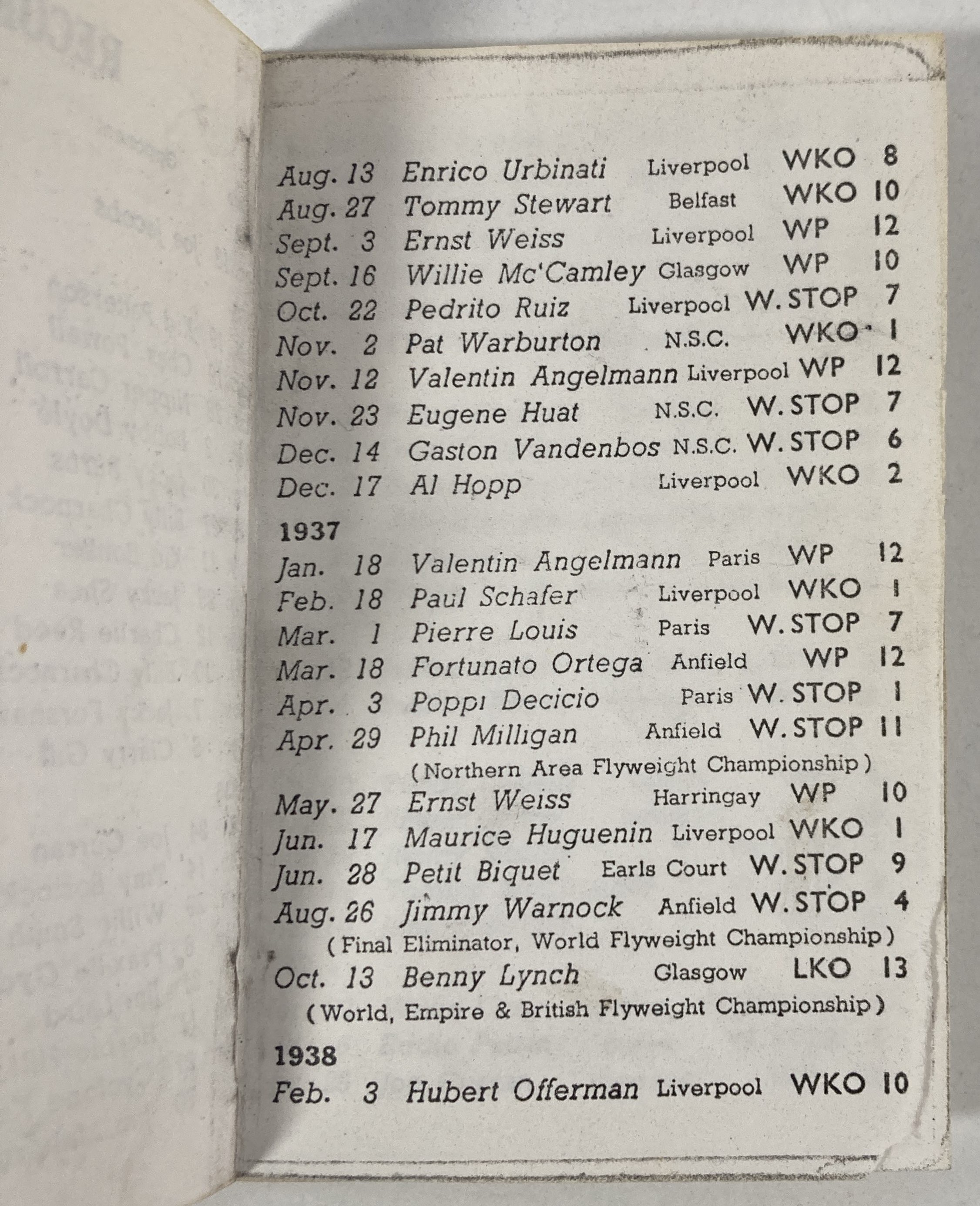 Lot 49 - BOXING HISTORY - A RECORD CARD FOR PETER KANE,