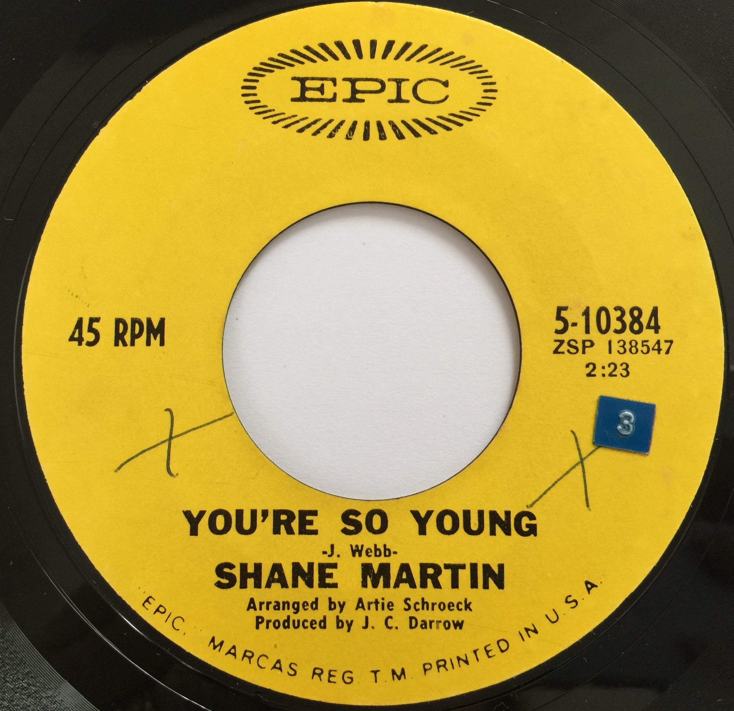 Lot 182 - SHANE MARTIN - I NEED YOU 7" (EPIC 5-10384)