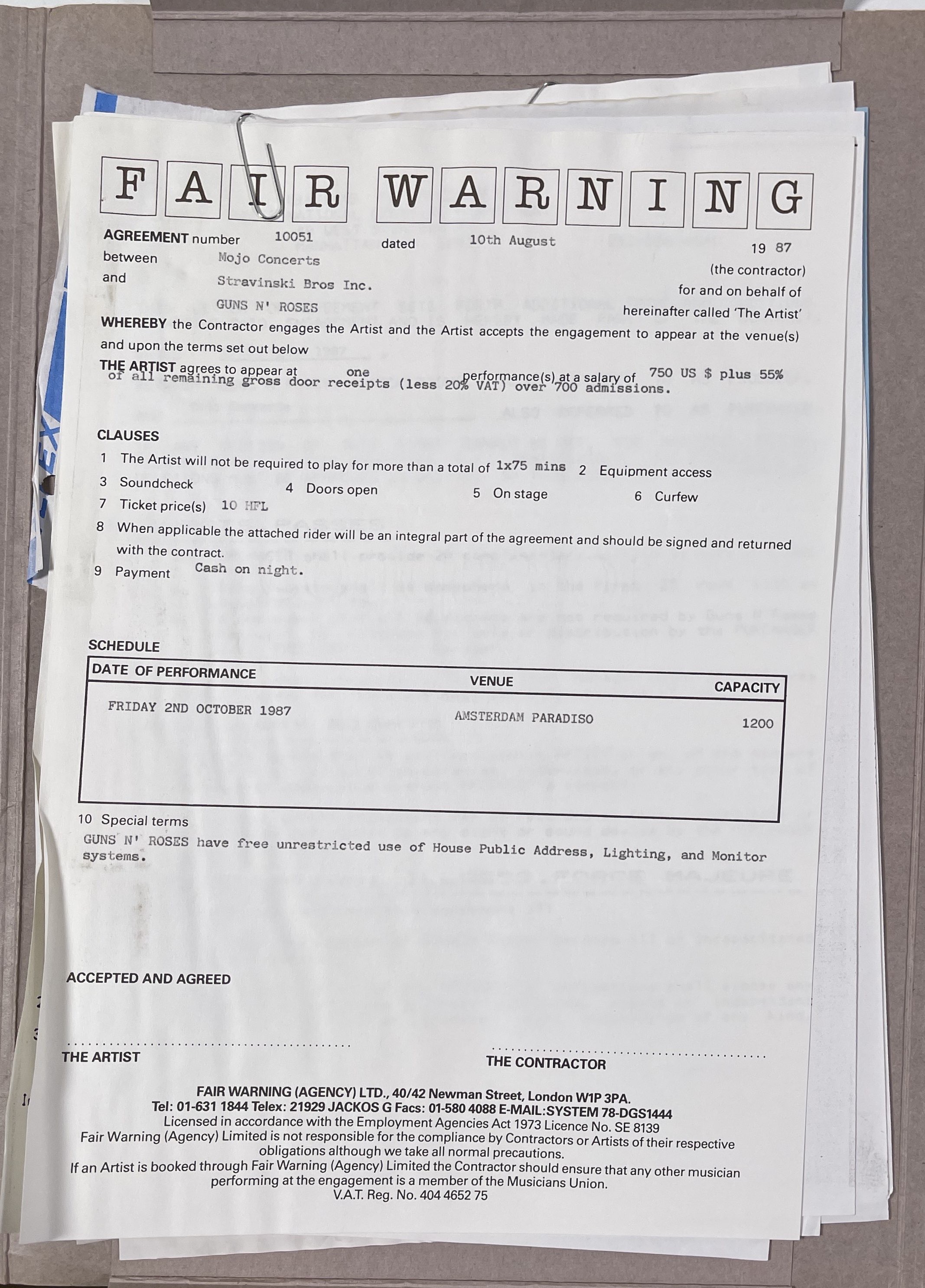 Lot 551 - CONTRACTS AND CONCERT BOOKING ARCHIVE - GUNS