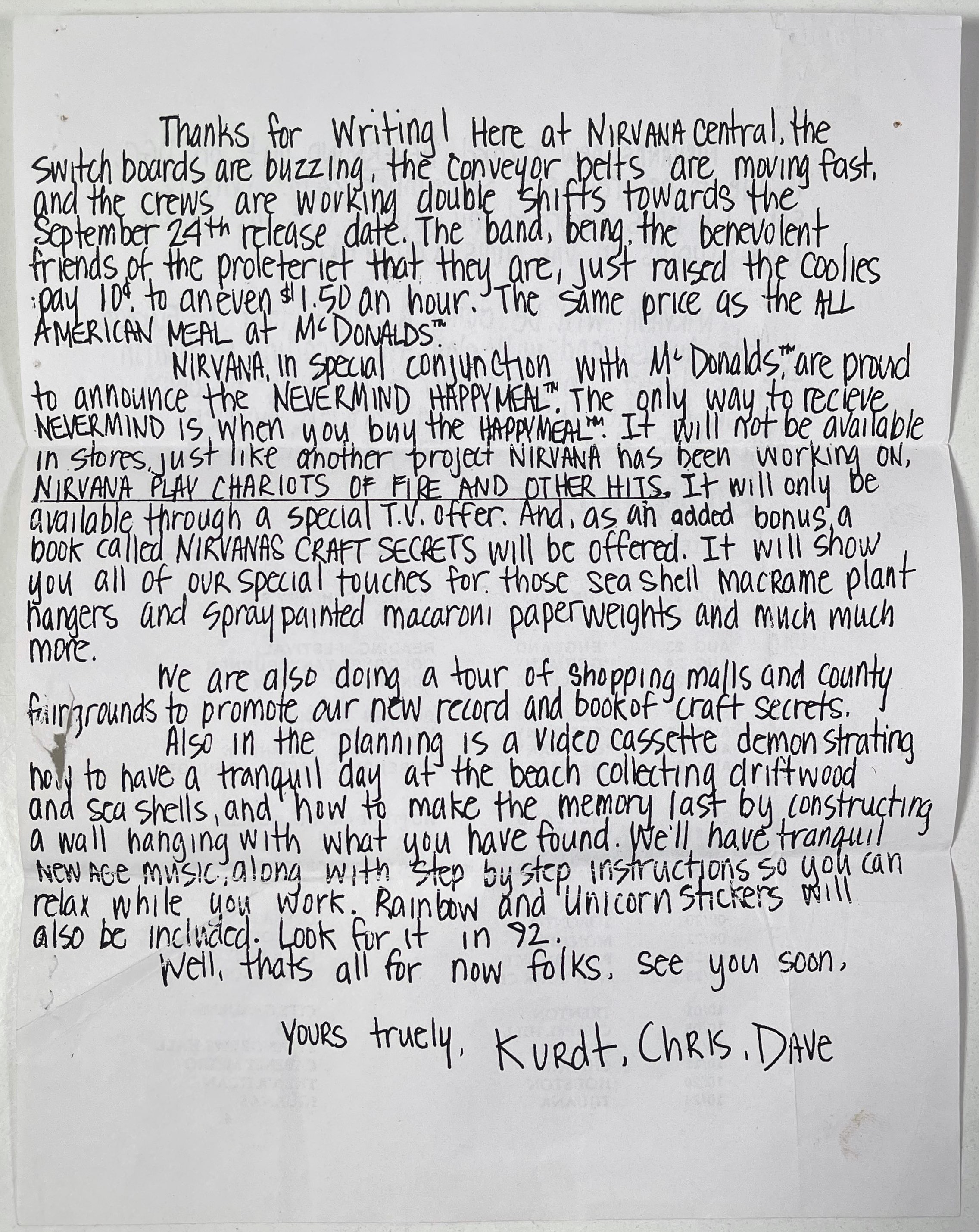 Lot 492 - NIRVANA - THREE 1991 FAN CLUB LETTERS