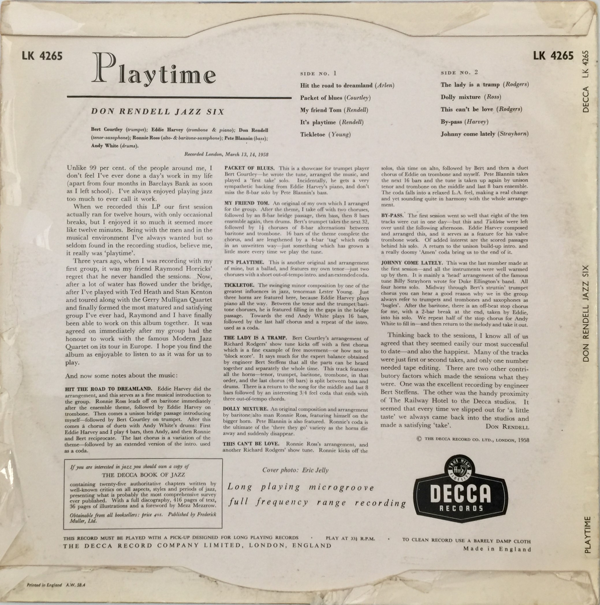 Lot 20 - DON RENDELL JAZZ SIX - PLAYTIME LP (ORIGINAL