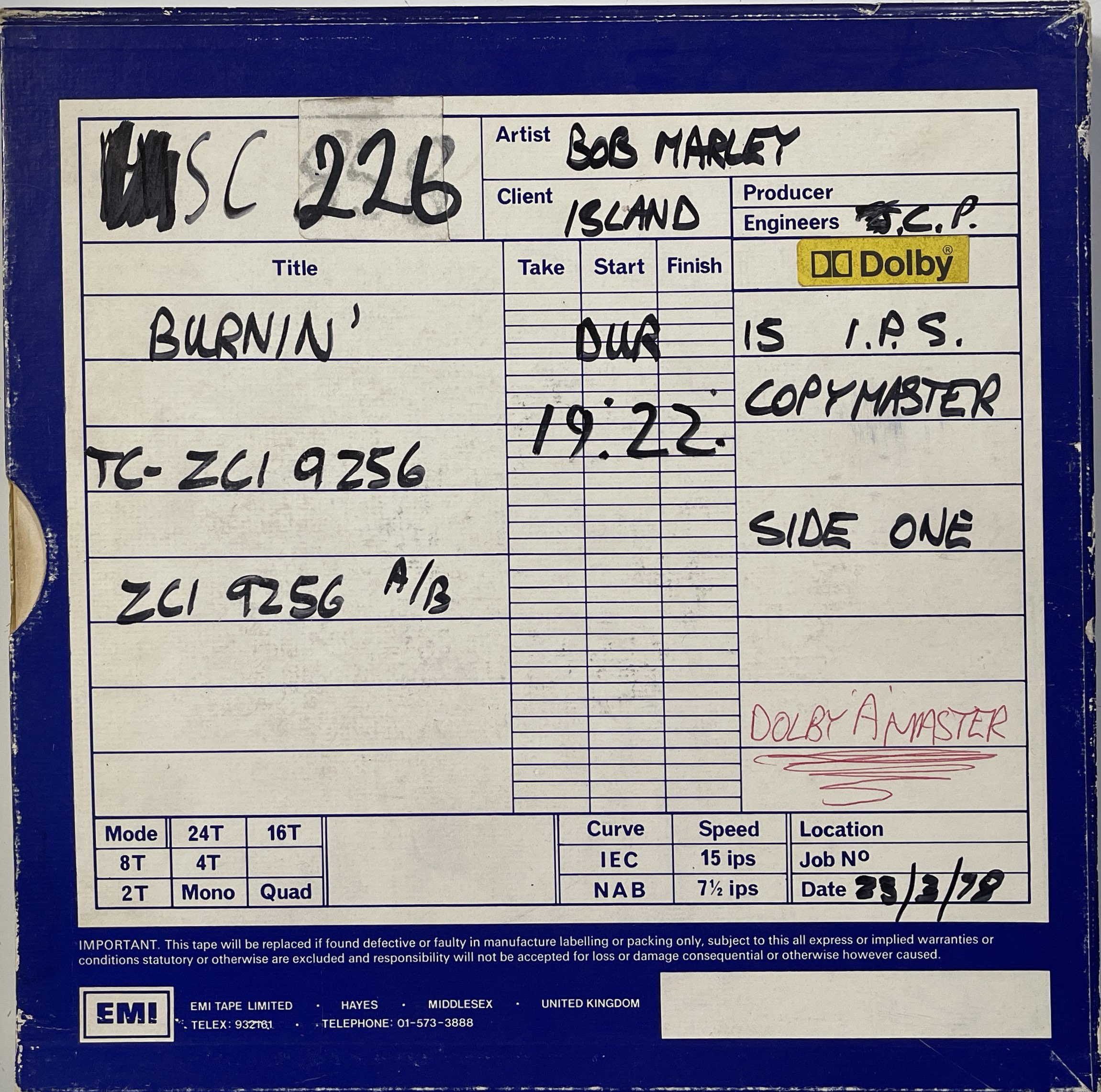 Lot 517 - BOB MARLEY - TRIDENT / ISLAND MASTER TAPES.