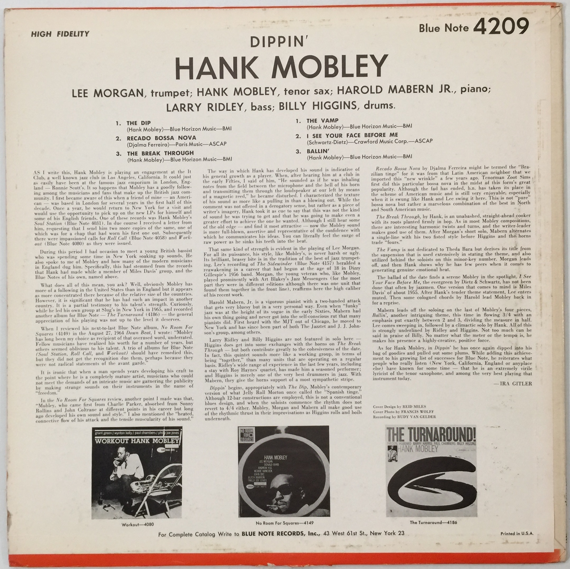 Lot 48 - HANK MOBLEY - DIPPIN' LP (BLUE NOTE 4209 - US