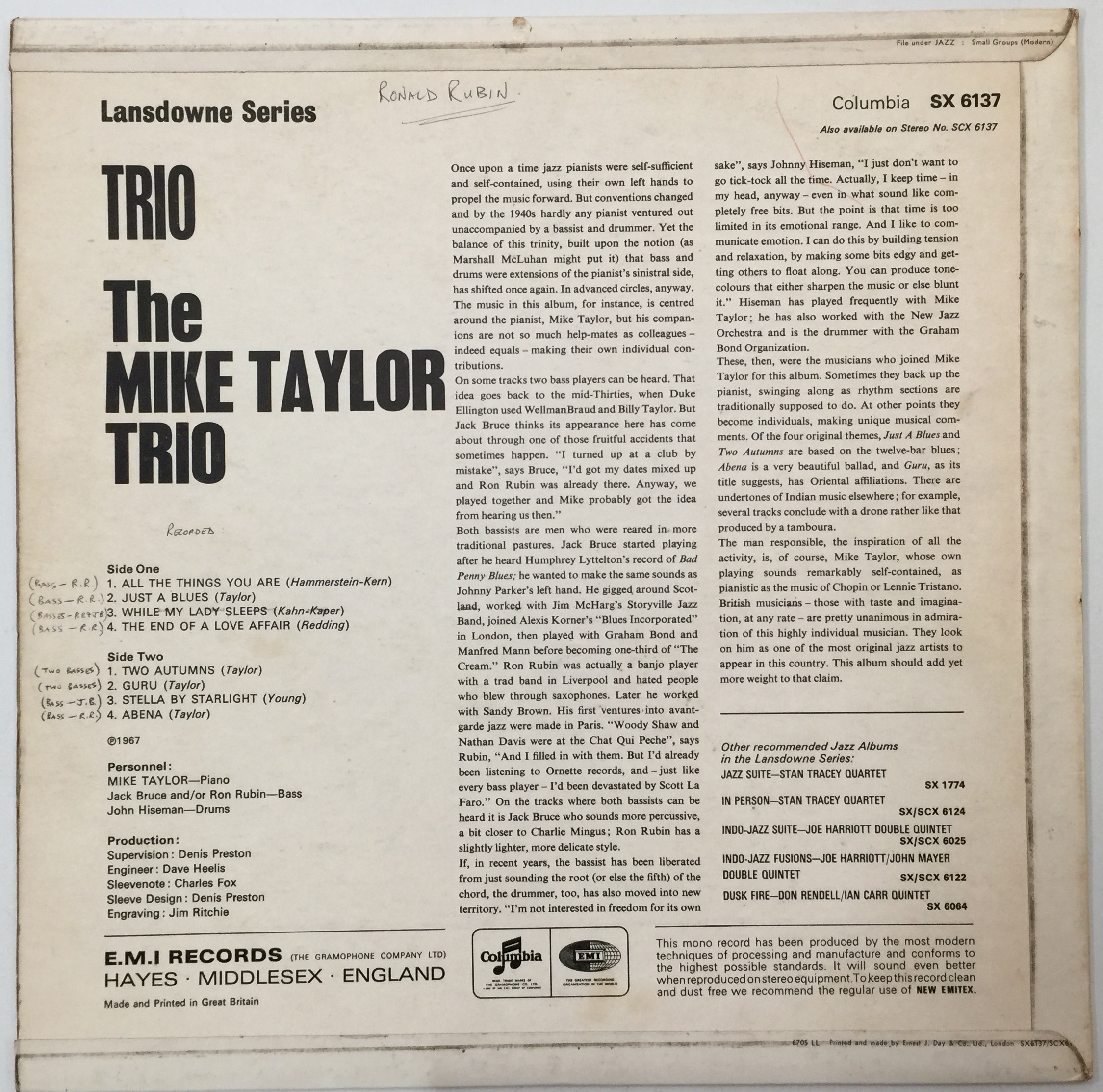 Lot 139 - THE MIKE TAYLOR TRIO - TRIO LP (ORIGINAL UK