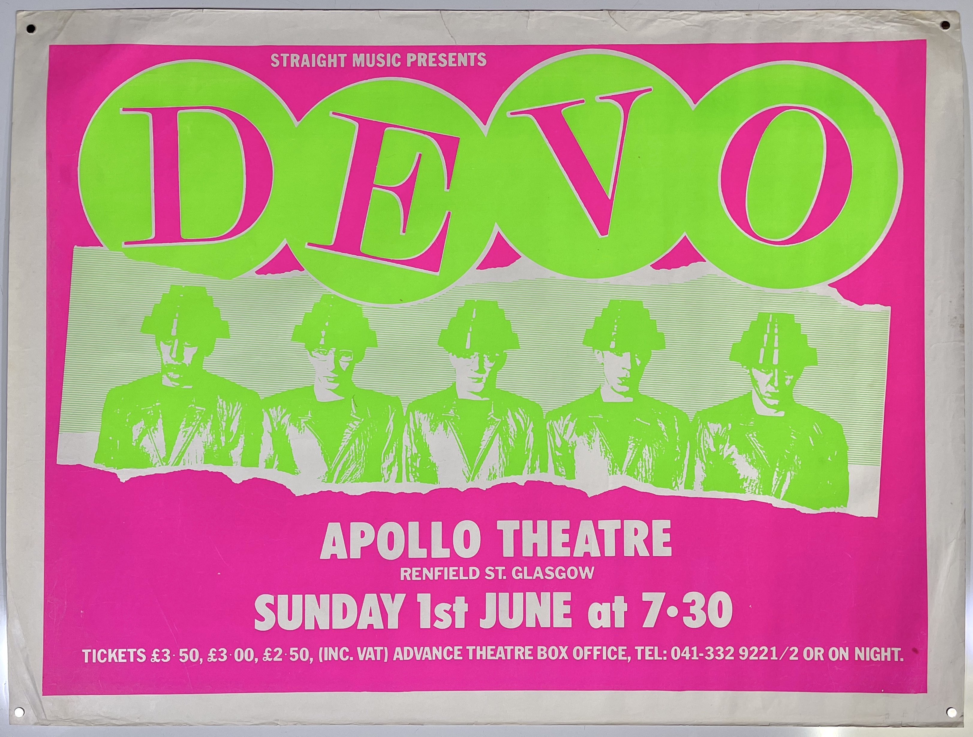 Lot 222 - DEVO - ORIGINAL 1980 GLASGOW CONCERT POSTER.