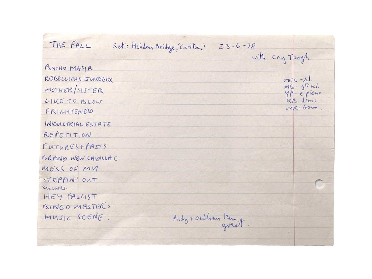 Lot 508 - MARK E. SMITH / THE FALL - HANDWRITTEN SET