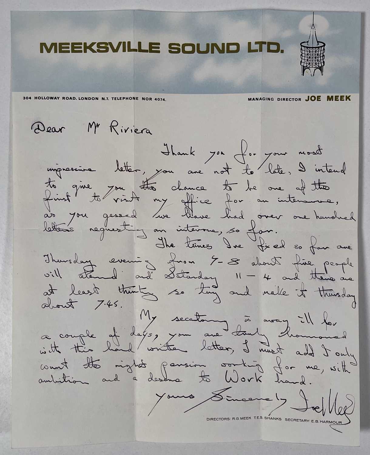 Lot 309 - ROCK / POP HISTORY - JOE MEEK HANDWRITTEN