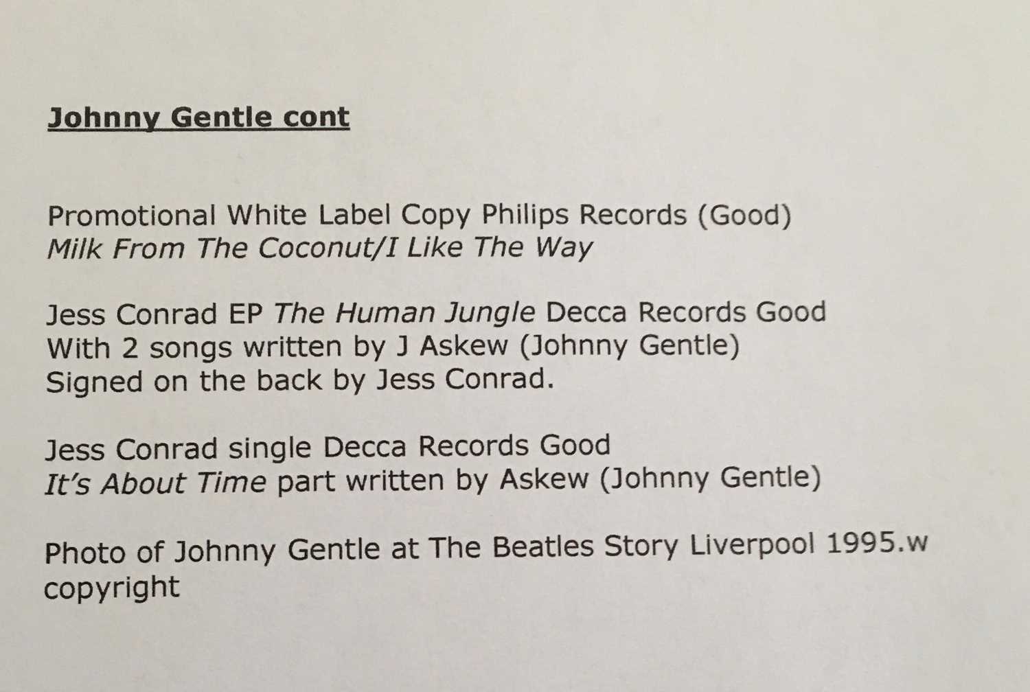 Lot 230 - JOHNNY GENTLE RELATED MEMORABILIA.